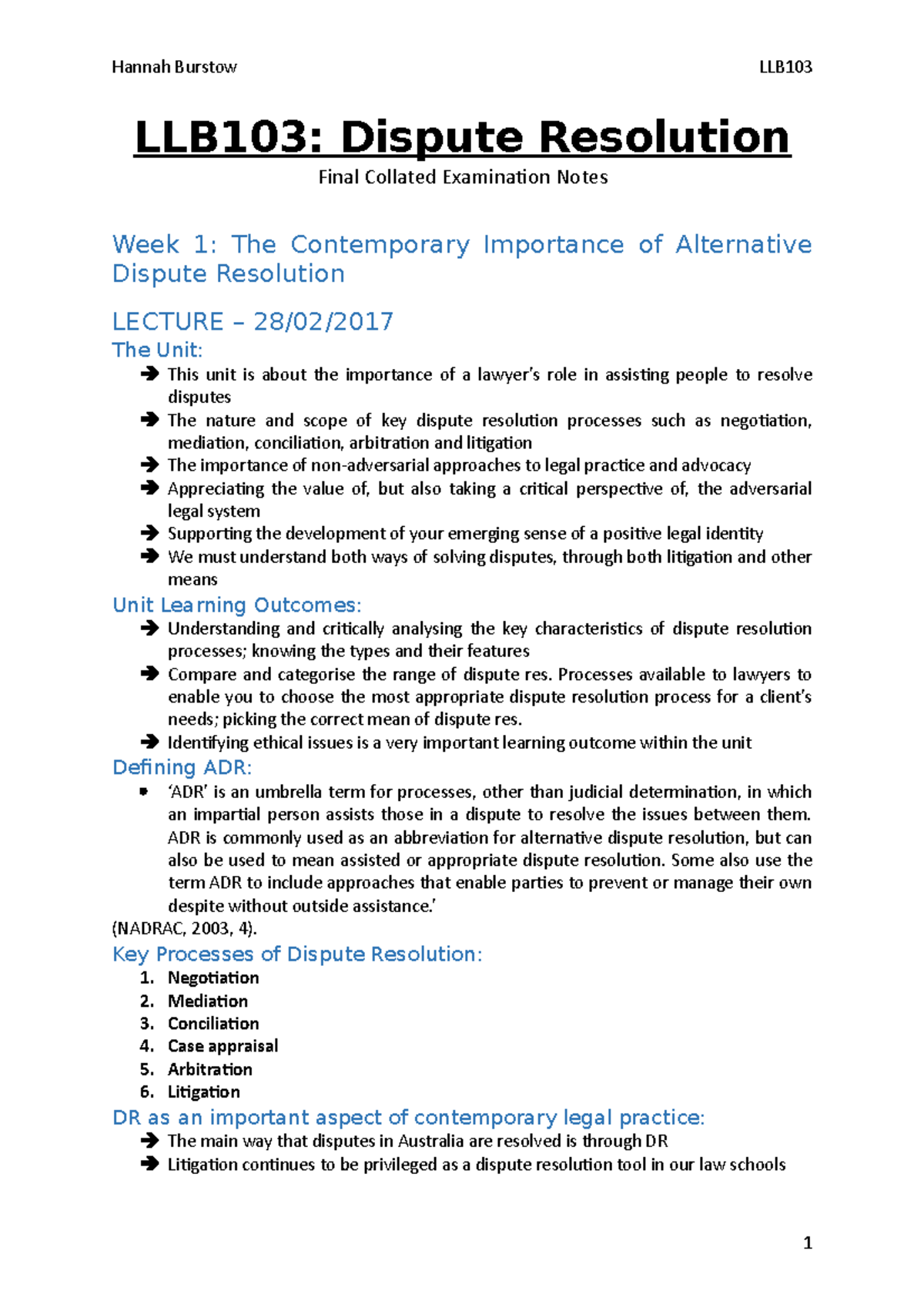 LLB103 Unit Notes - Hannah Burstow LLB103 LLB103: Dispute Resolution ...