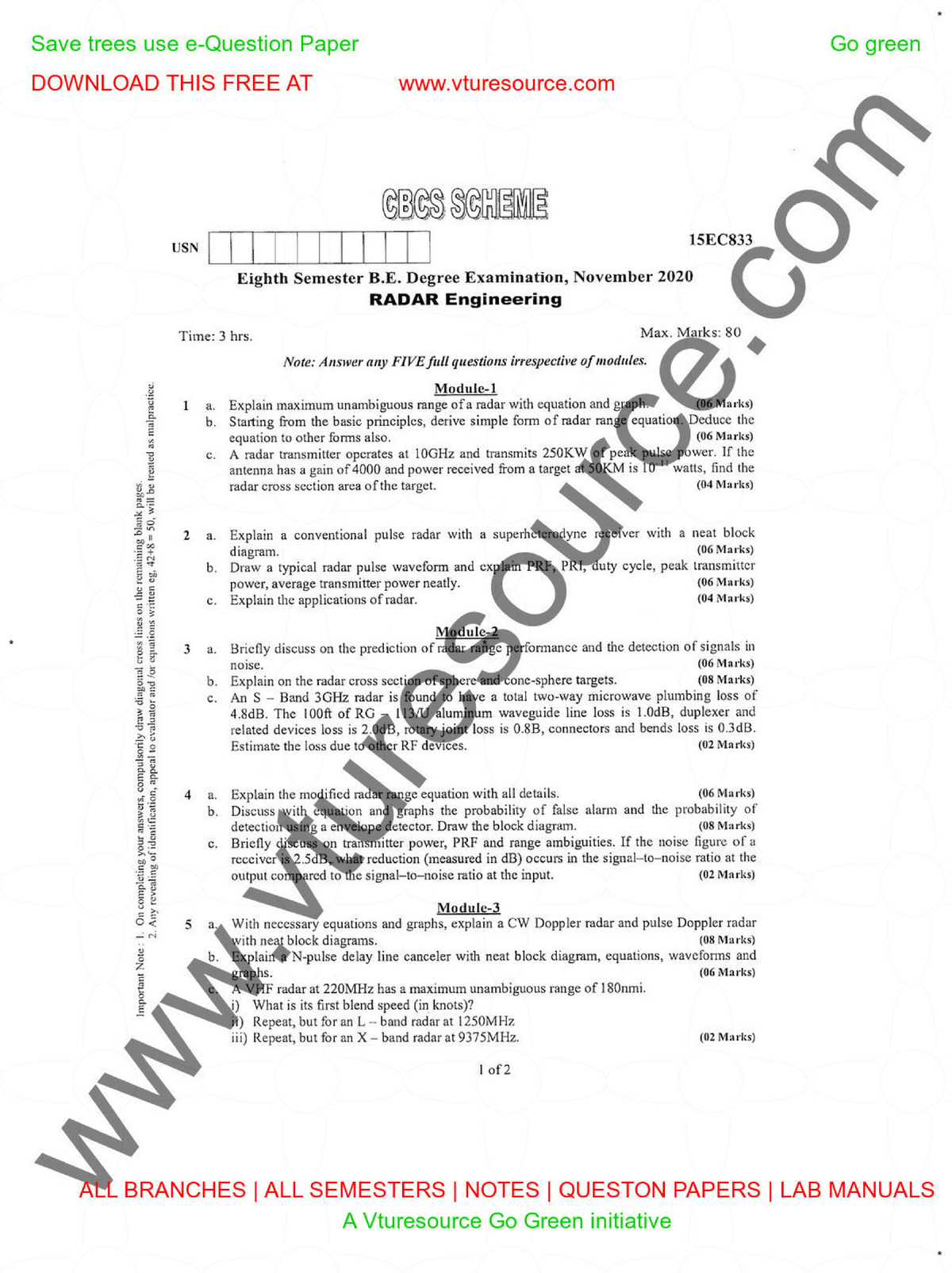 Nov-2020 - Radar Question Paper - Radar Engineering - Studocu