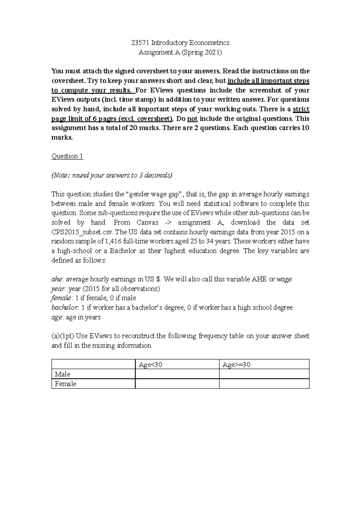 Assignment A Questions 23571 Introductory Econometrics Assignment A Spring 2021 You Must