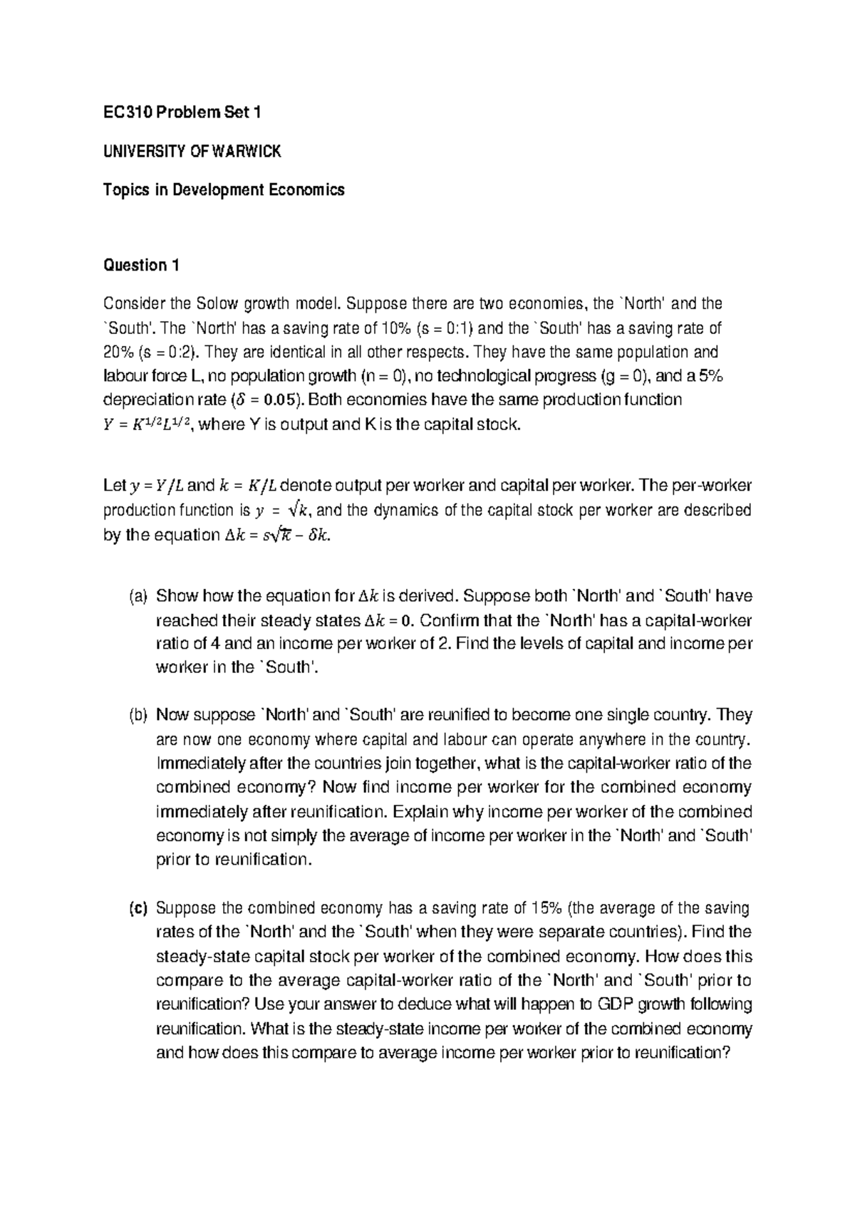 Seminar-1 Questions 23-24 - EC310 Problem Set 1 UNIVERSITY OF WARWICK Topics in Development ...