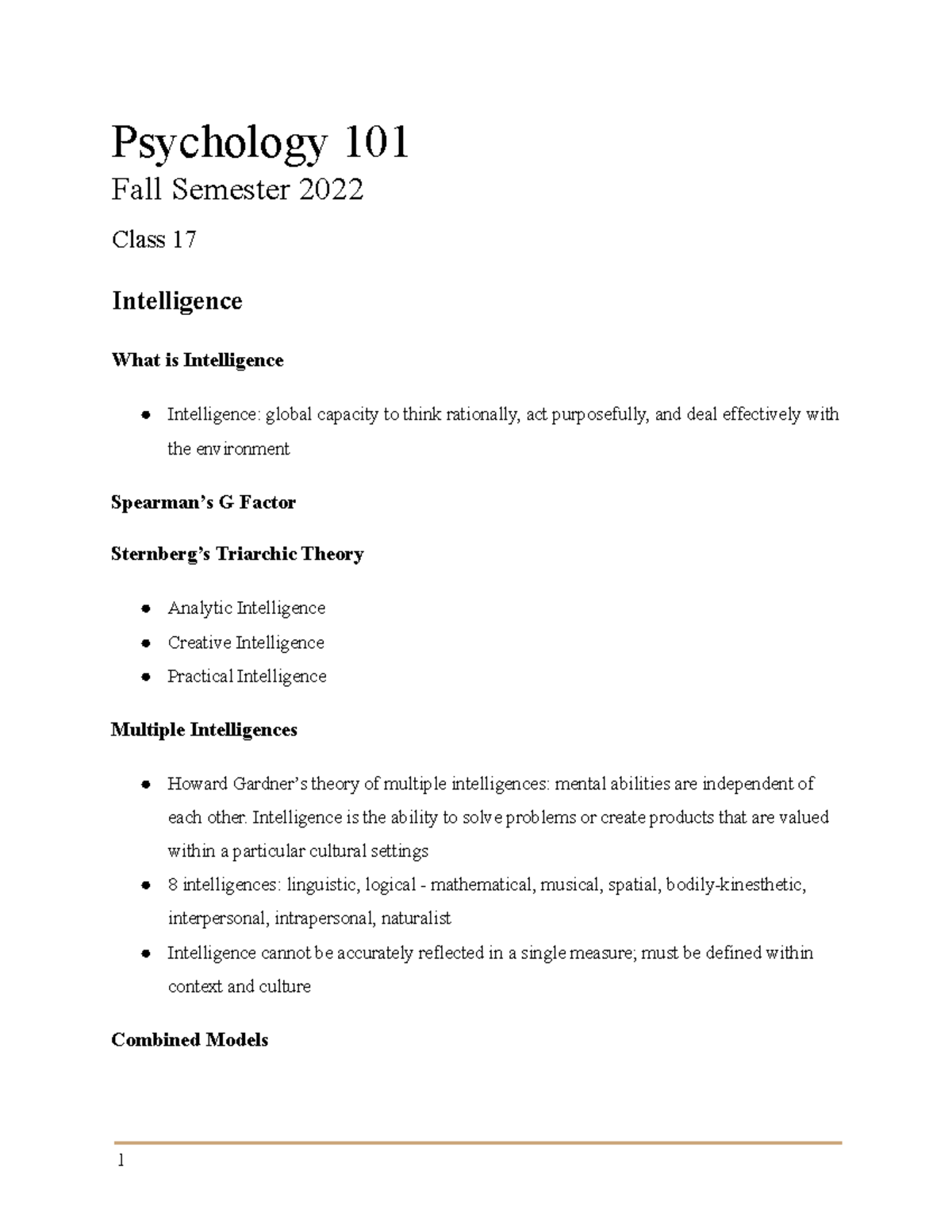 Intelligence - class notes - Psychology 101 Fall Semester 2022 Class 17 ...