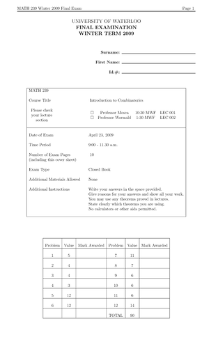 Math 239 Intro to Combinatorics - UWaterloo - StuDocu