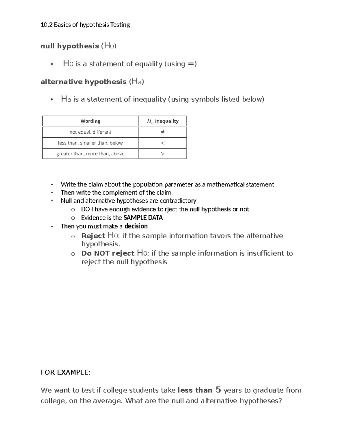 Chapter 10: Basics of Hypothesis Testing - null hypothesis (H 0 ) H 0 ...