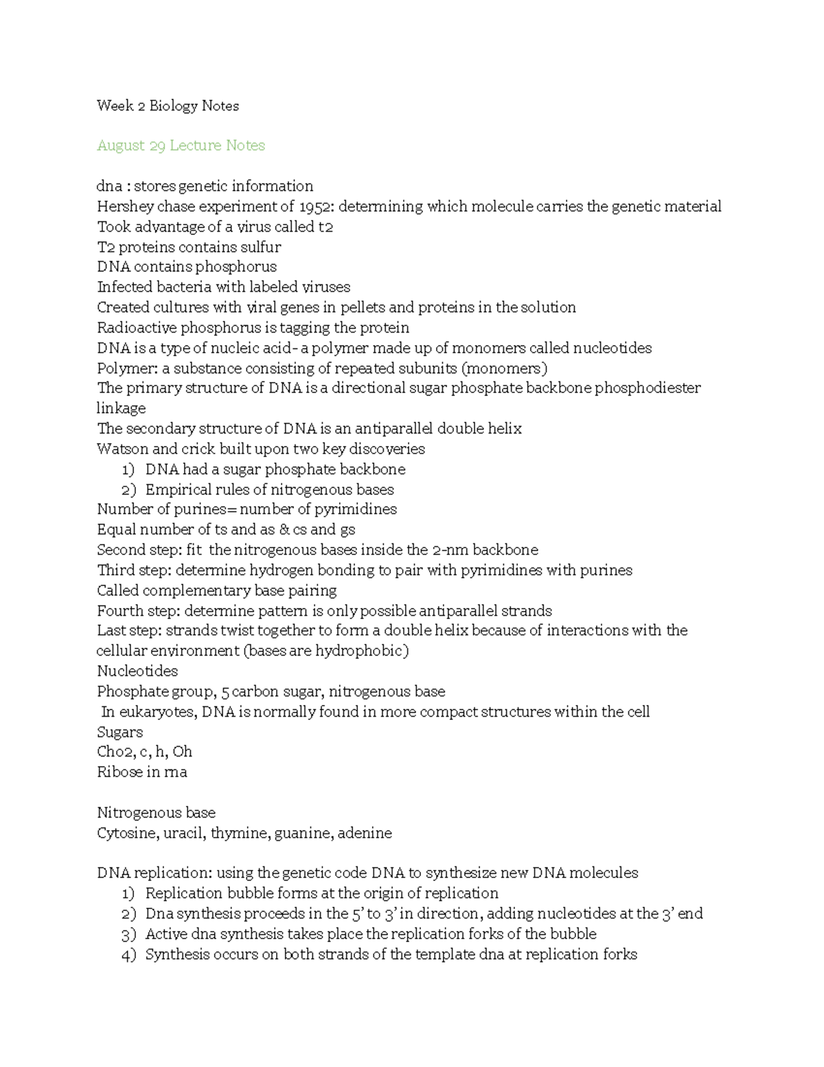 Week 2 Biology Notes - mamantov - Week 2 Biology Notes August 29 ...