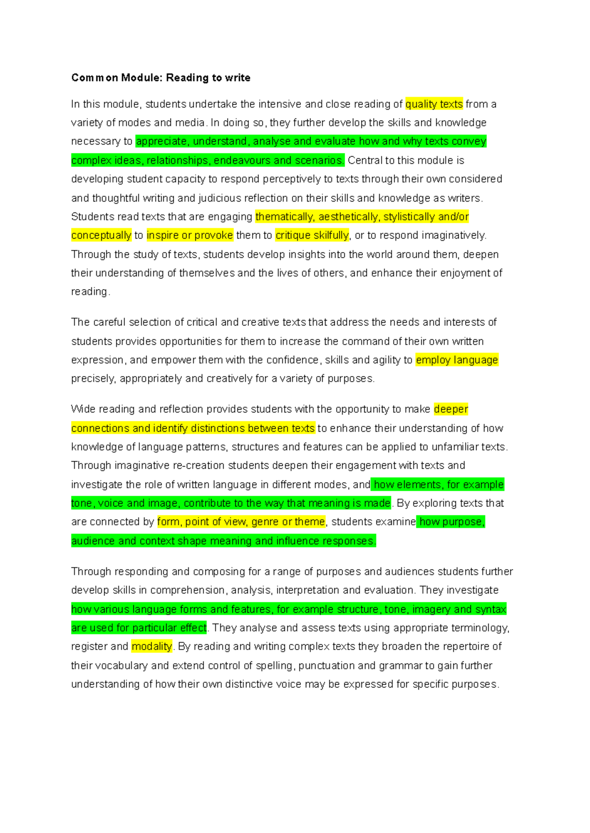 Year 11 Module Breakdown - Common Module: Reading to write In this ...