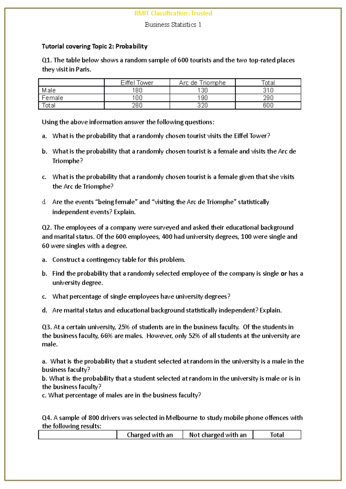 Tutorial week 3 covering Topic 2 - New Questions - Business Statistics 1 Tutorial covering Topic ...