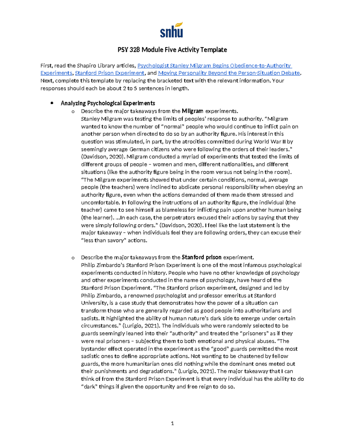 Module Five Activity Template - PSY 328 Module Five Activity Template First, read the Shapiro ...