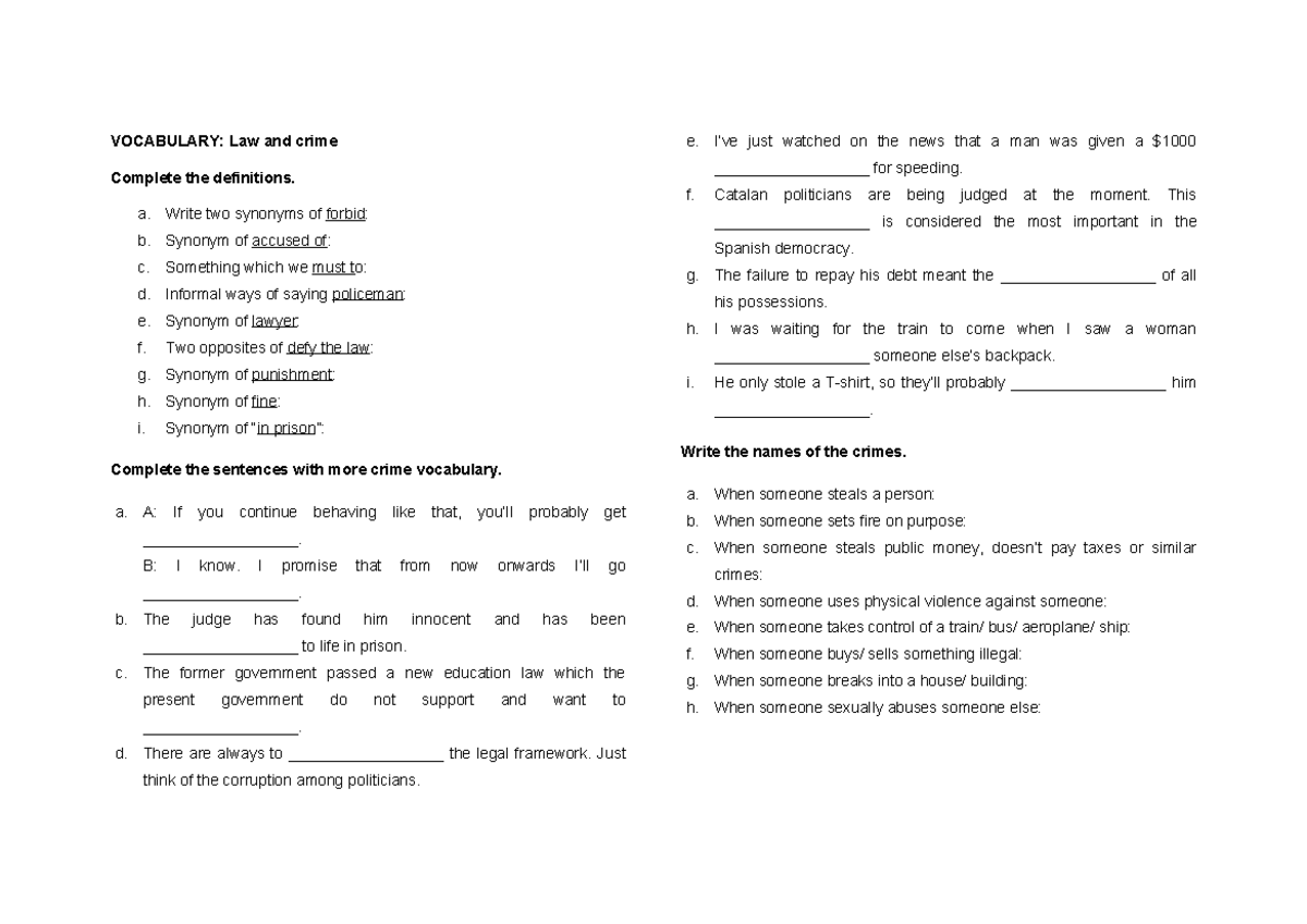 Vocabularycrime - exerecisaes - VOCABULARY: Law and crime Complete the ...