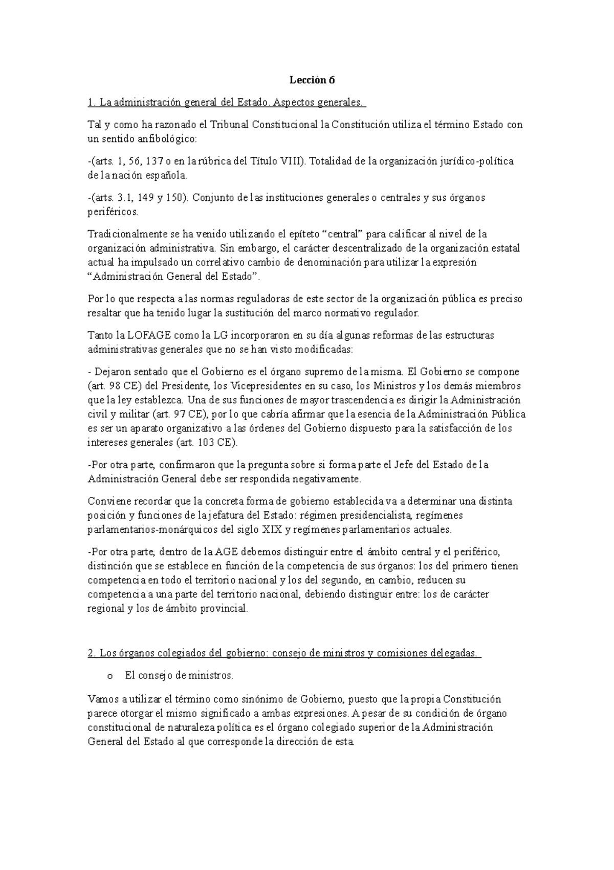 Lección 6 de ADM - esquema - Lección 6 La administración general del Estado. Aspectos generales ...