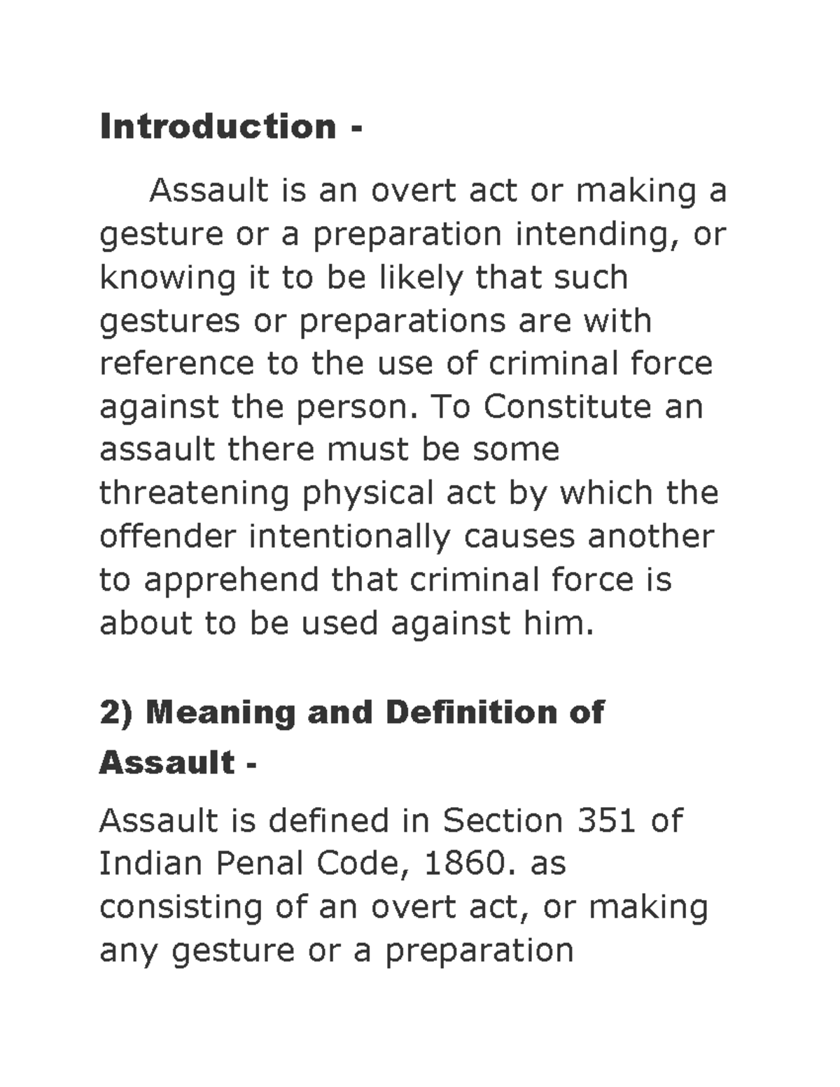Assault - assualt lecture notes; indian penal code - Introduction ...