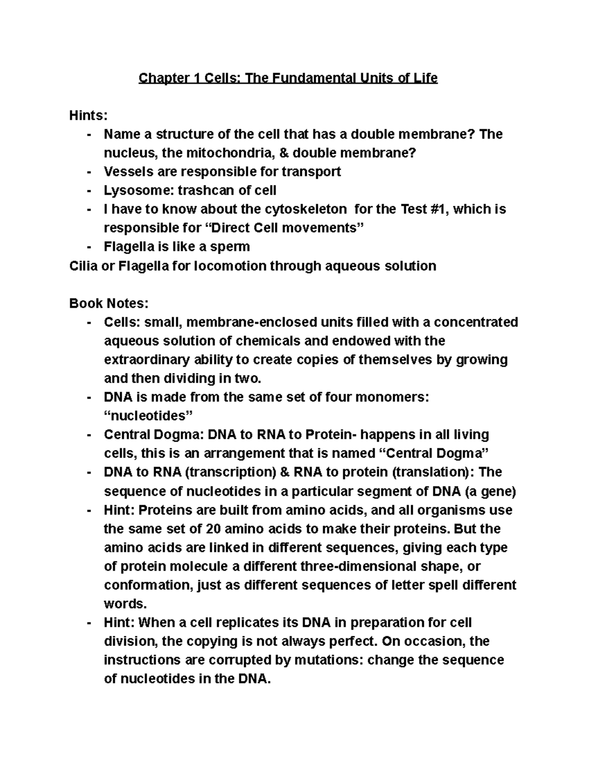 Biology Notes - Chapter 1 Cells: The Fundamental Units of Life Hints ...