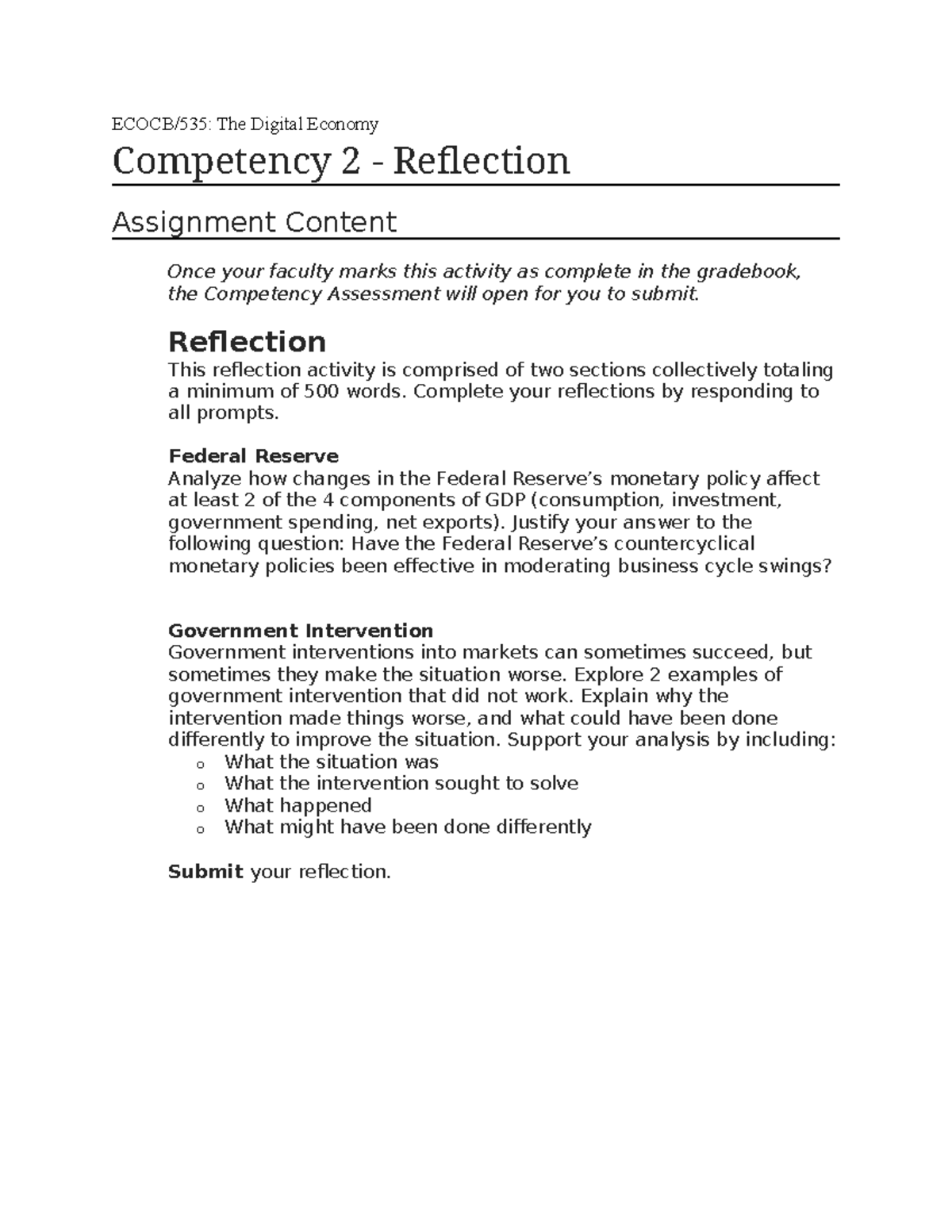 Eco 535 Digital Economy Competency Economics Shaping Policy Reflection ...
