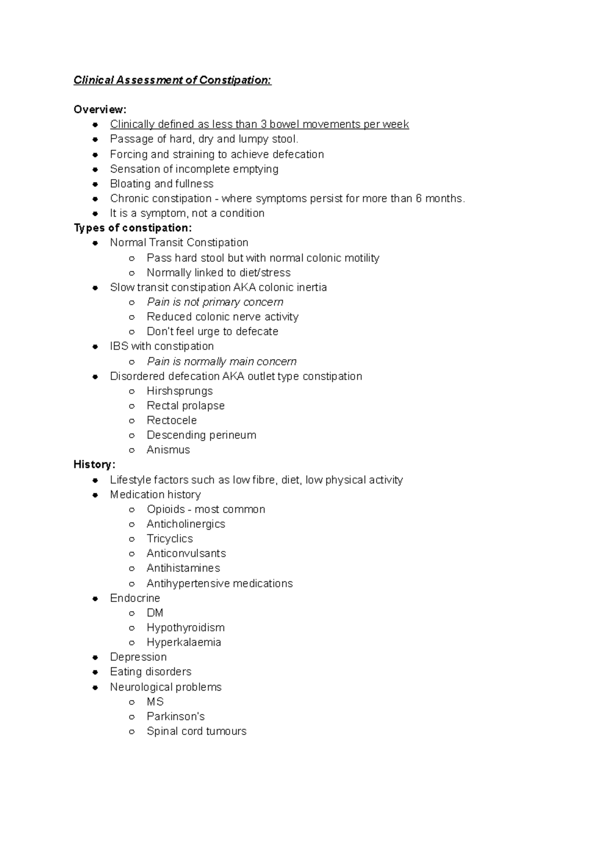 Constipation - Lecture notes Year 4 Digestive - Clinical Assessment of ...