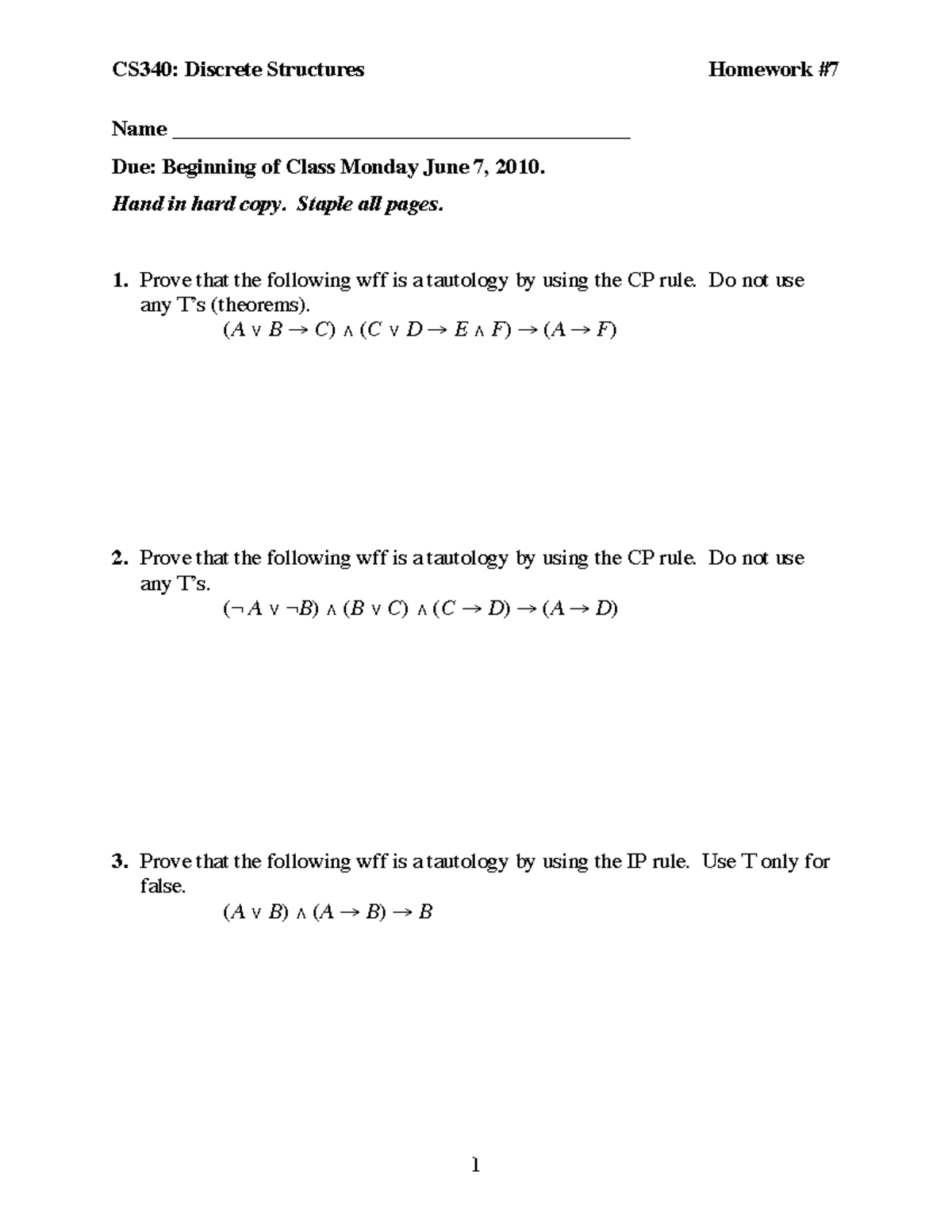 HW7 - CS340: Discrete Structures Homework #7 Name
