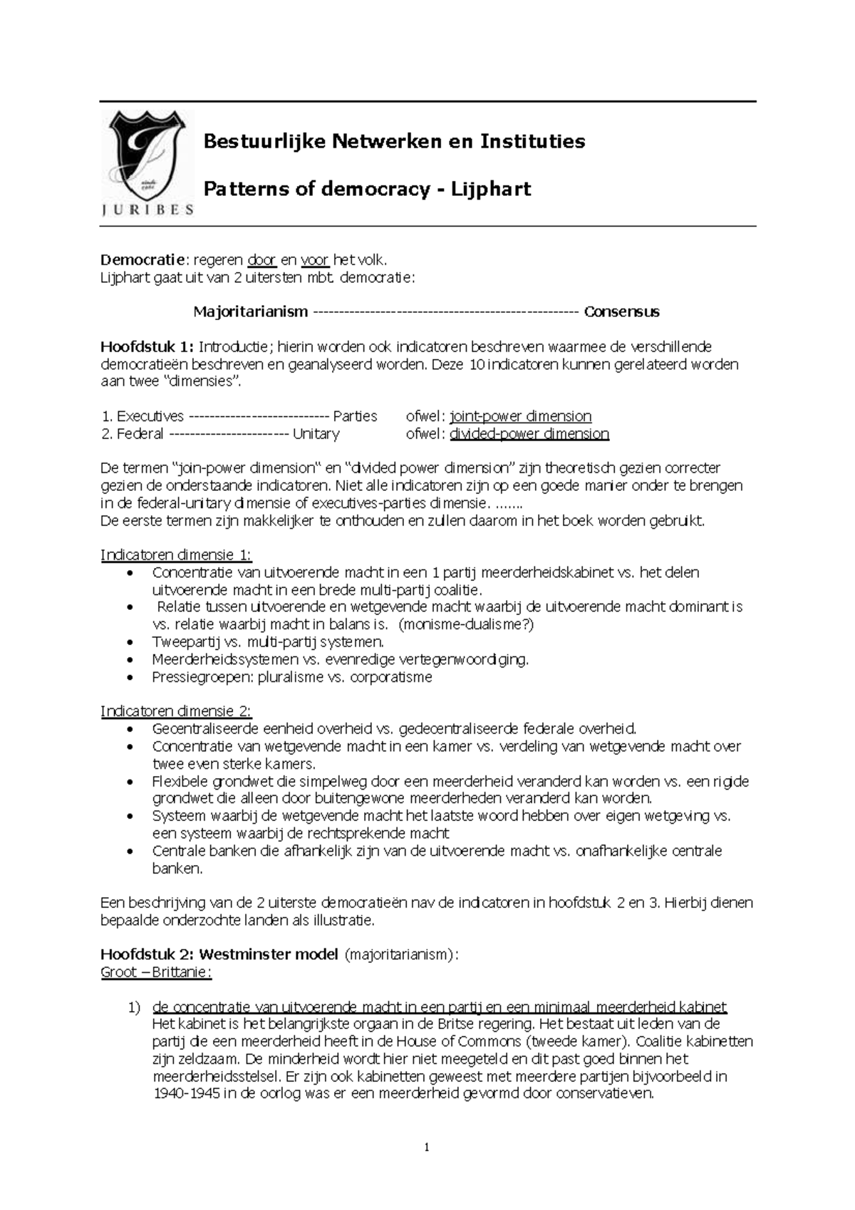 Patterns of democracy Lijphart Bestuurlijke netwerken en instituties ...