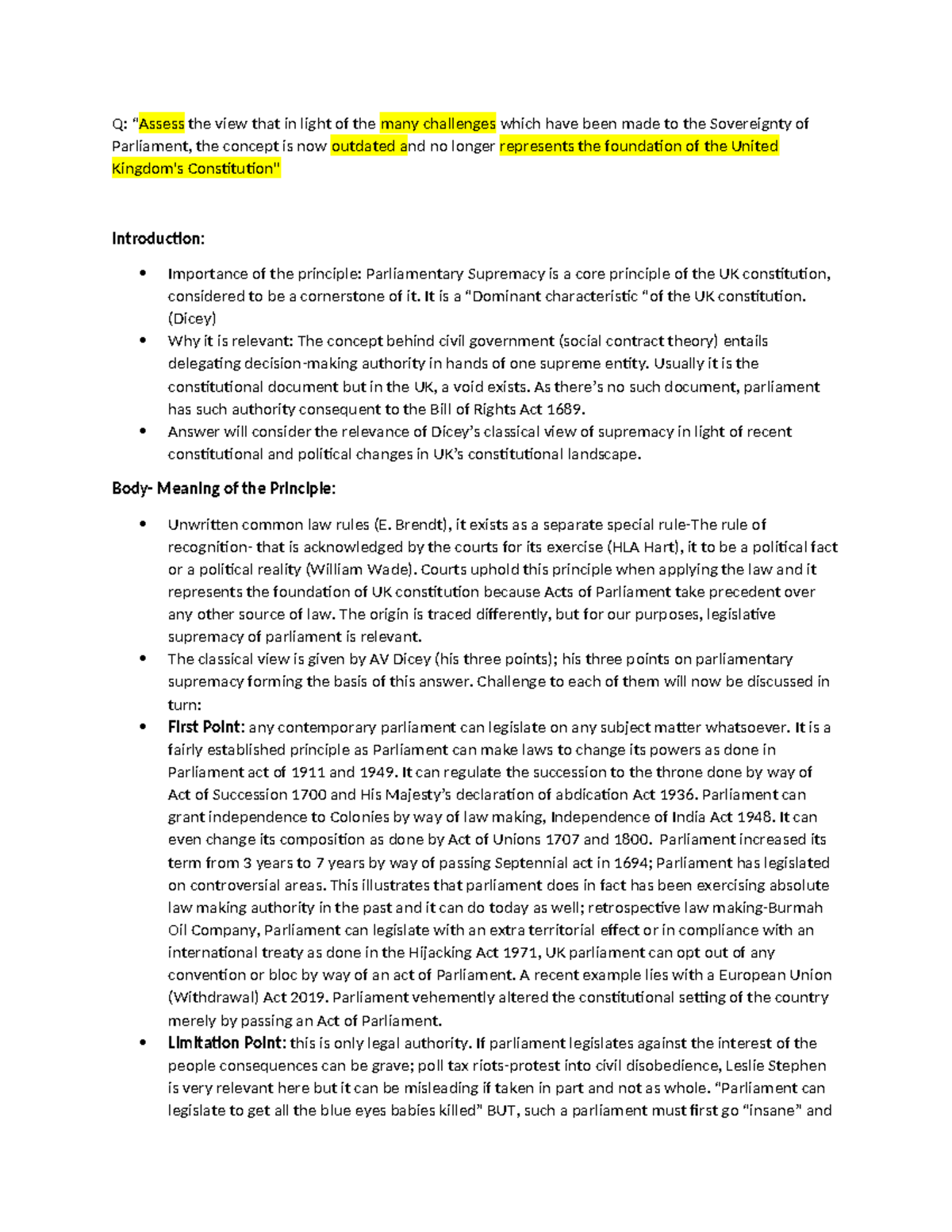 Answer Outline for Supremacy of Parliament Question - Q: “Assess the ...