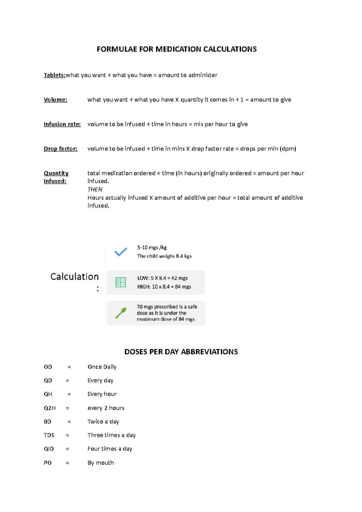 Med calc - Med Calculation formula - FORMULAE FOR MEDICATION ...