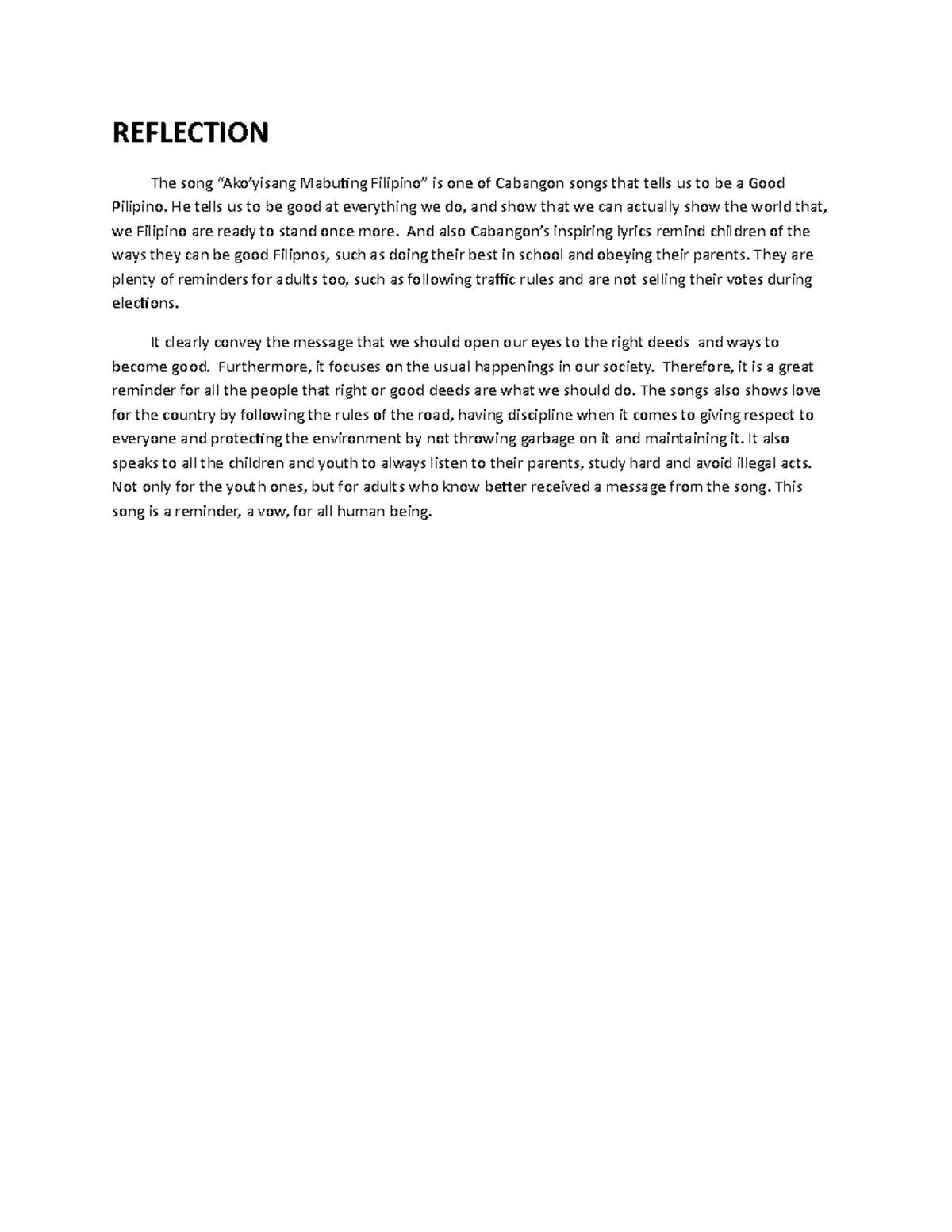 Reflection - my files - REFLECTION The song “Ako’yisang Mabuting ...