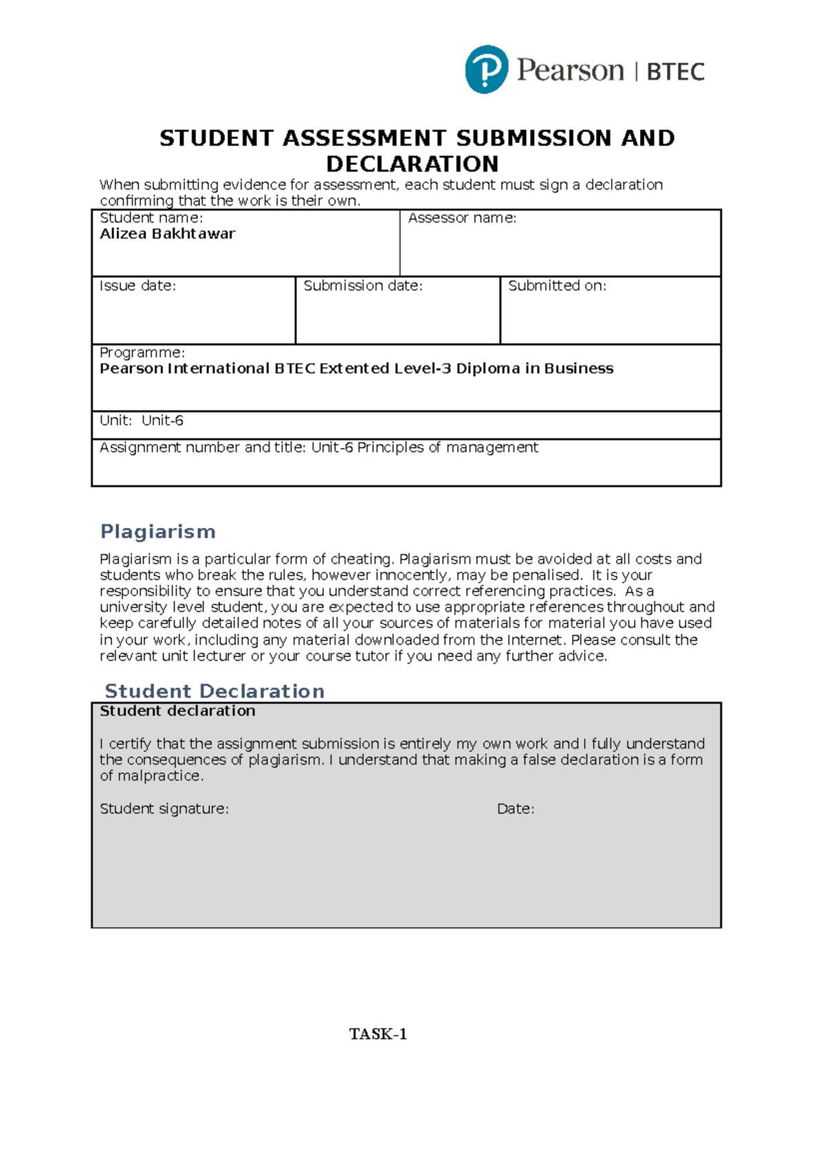 Unit#6-BTEC-Level-3- Principles OF Management - STUDENT ASSESSMENT SUBMISSION AND DECLARATION ...