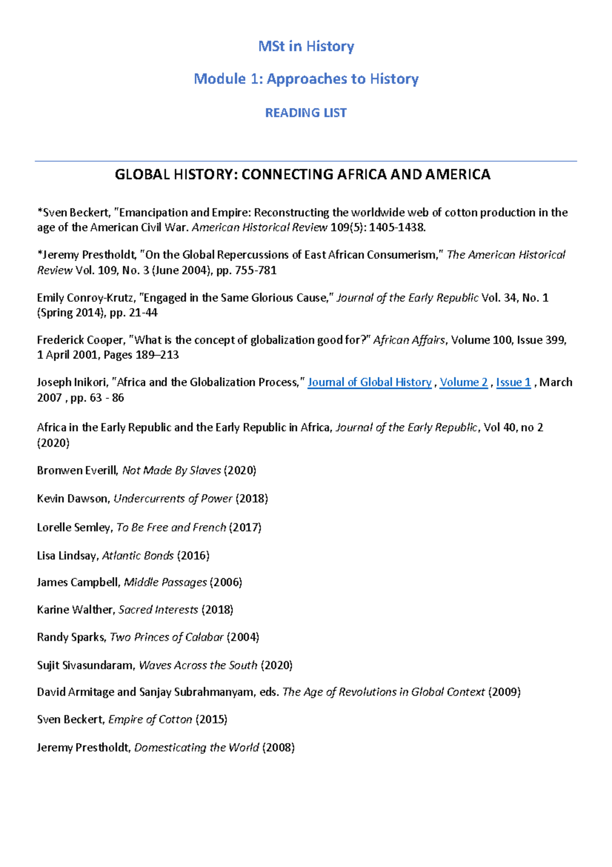 Module 1 Reading List - Approaches to History - MSt in History Module 1 ...