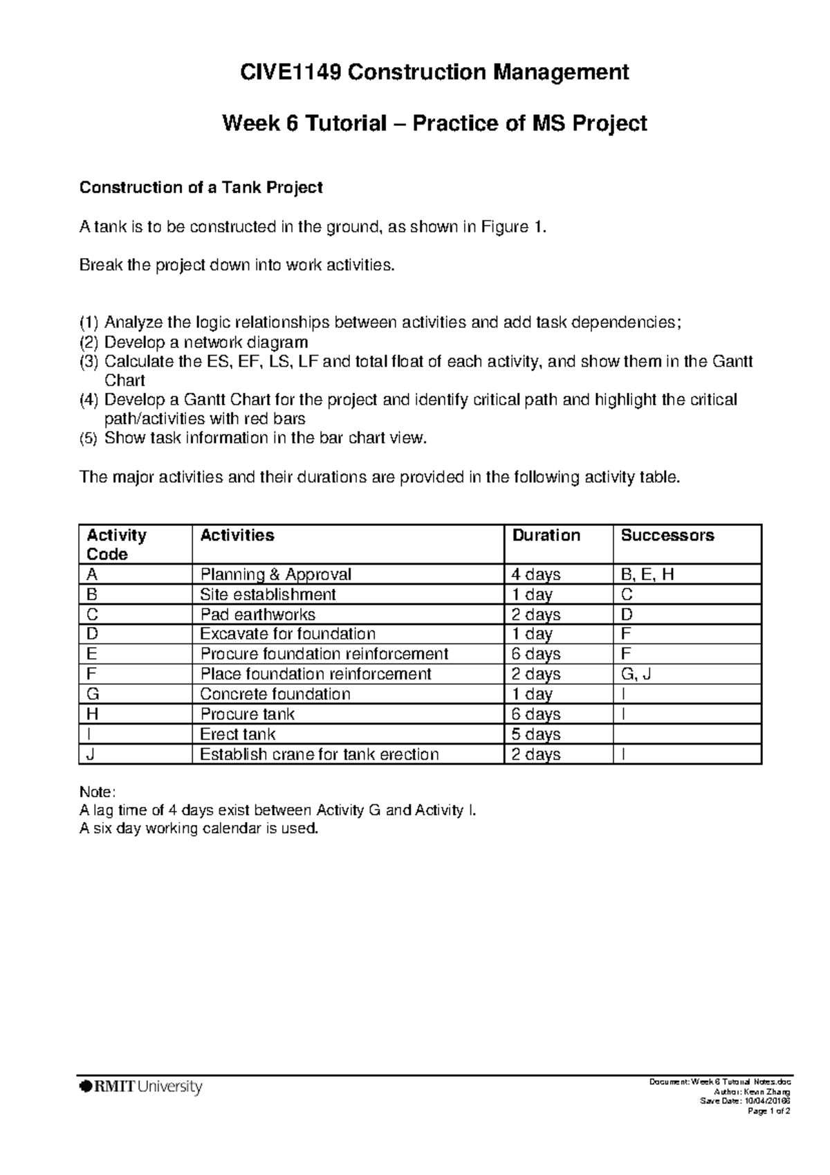 Week 6 Tutorial Notes - CIVE1149 Construction Management Week 6 ...