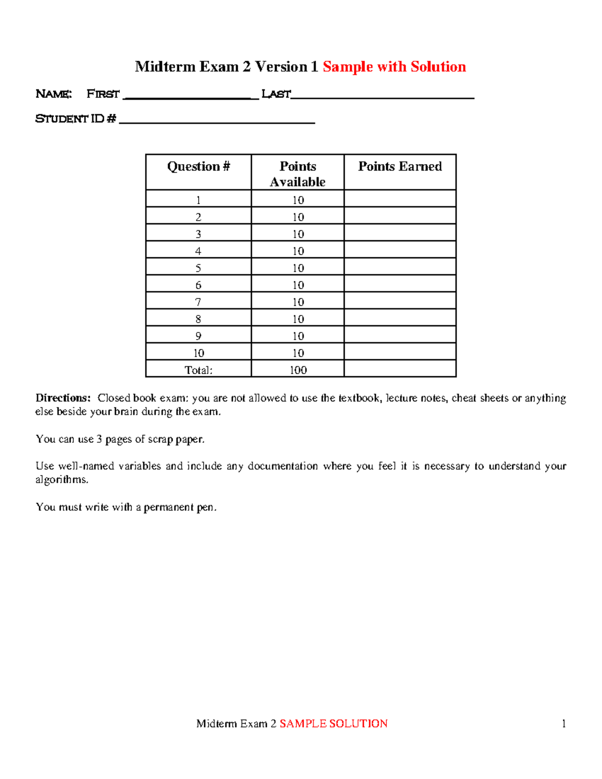 Midterm 2 sample with solutions - Midterm Exam 2 Version 1 Sample with ...