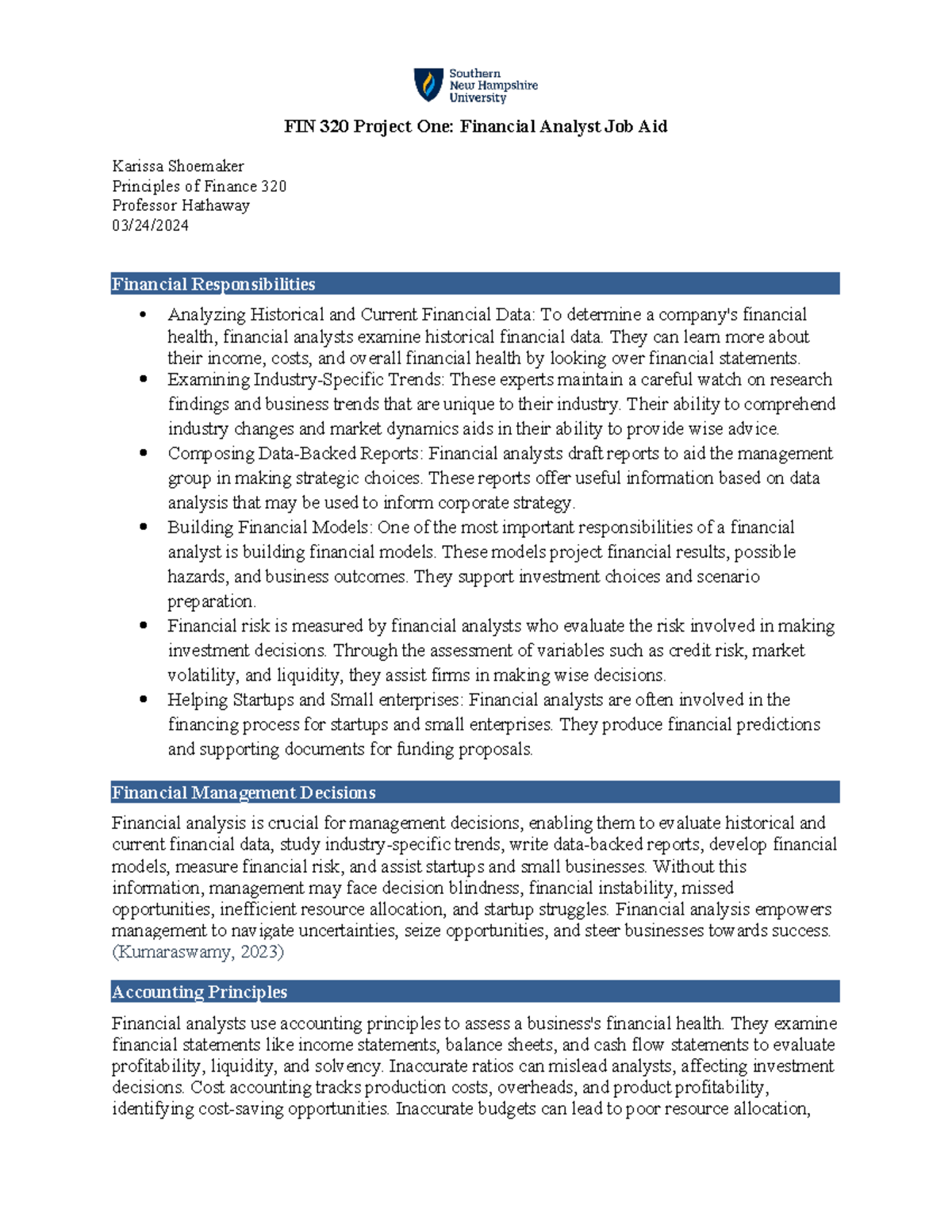 Shoemaker FIN 320 Project One Financial Analyst Job Aid - FIN 320 ...