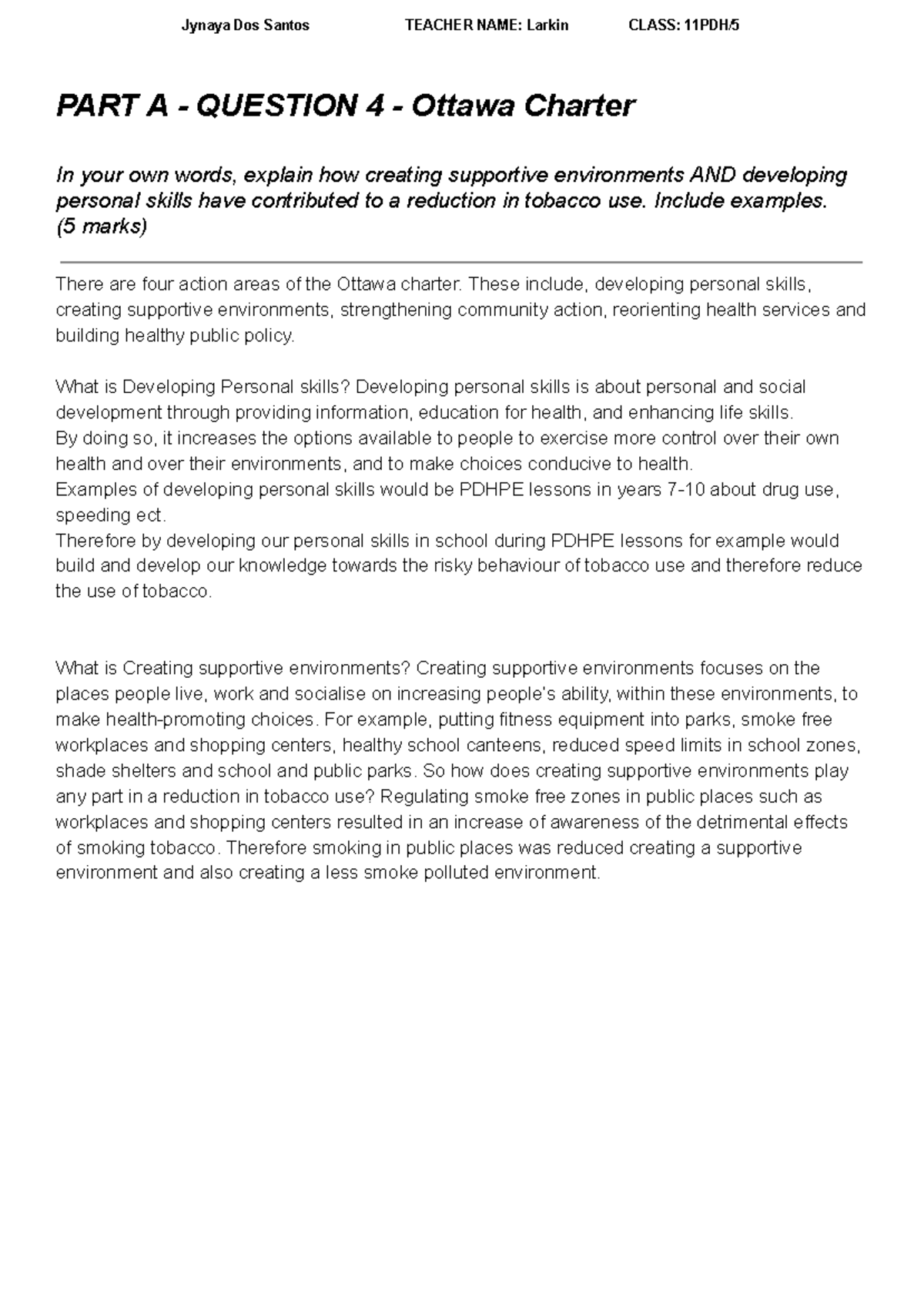 Question 4 - Ottawa Charter - (5 Marks) - Jynaya Dos Santos TEACHER ...