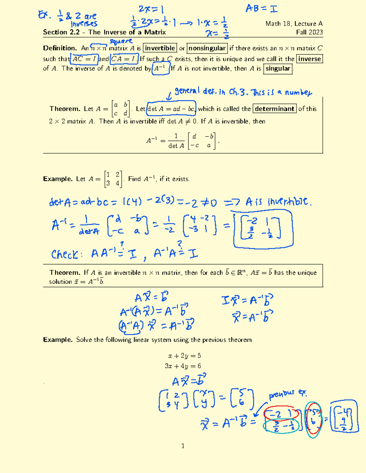 Section 2 - Section 2 - The Inverse of a Matrix Math 18, Lecture A Fall ...