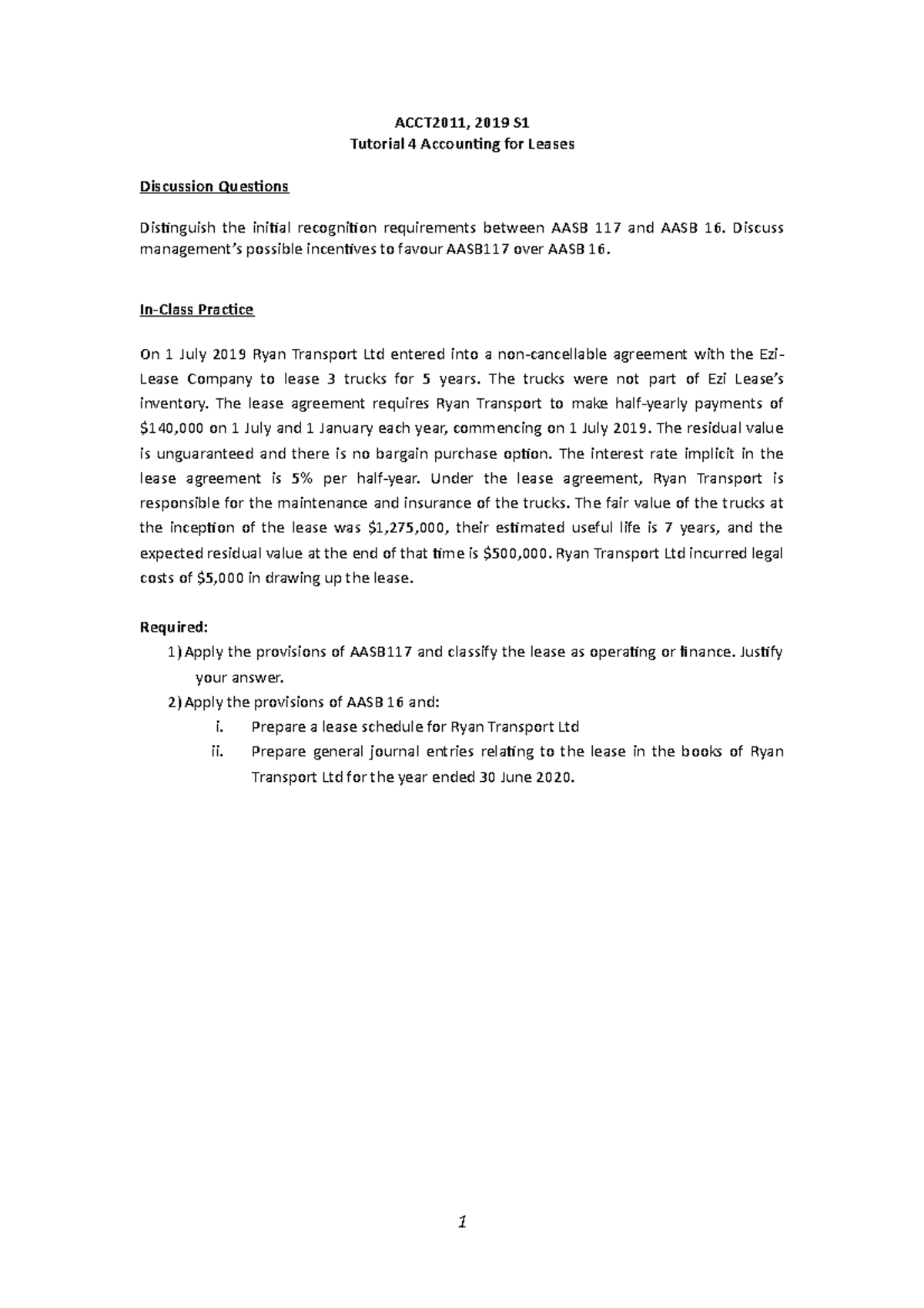 Tutorial 4 Leases Discussion Questions 2019 S1 - ACCT2011, 2019 S ...