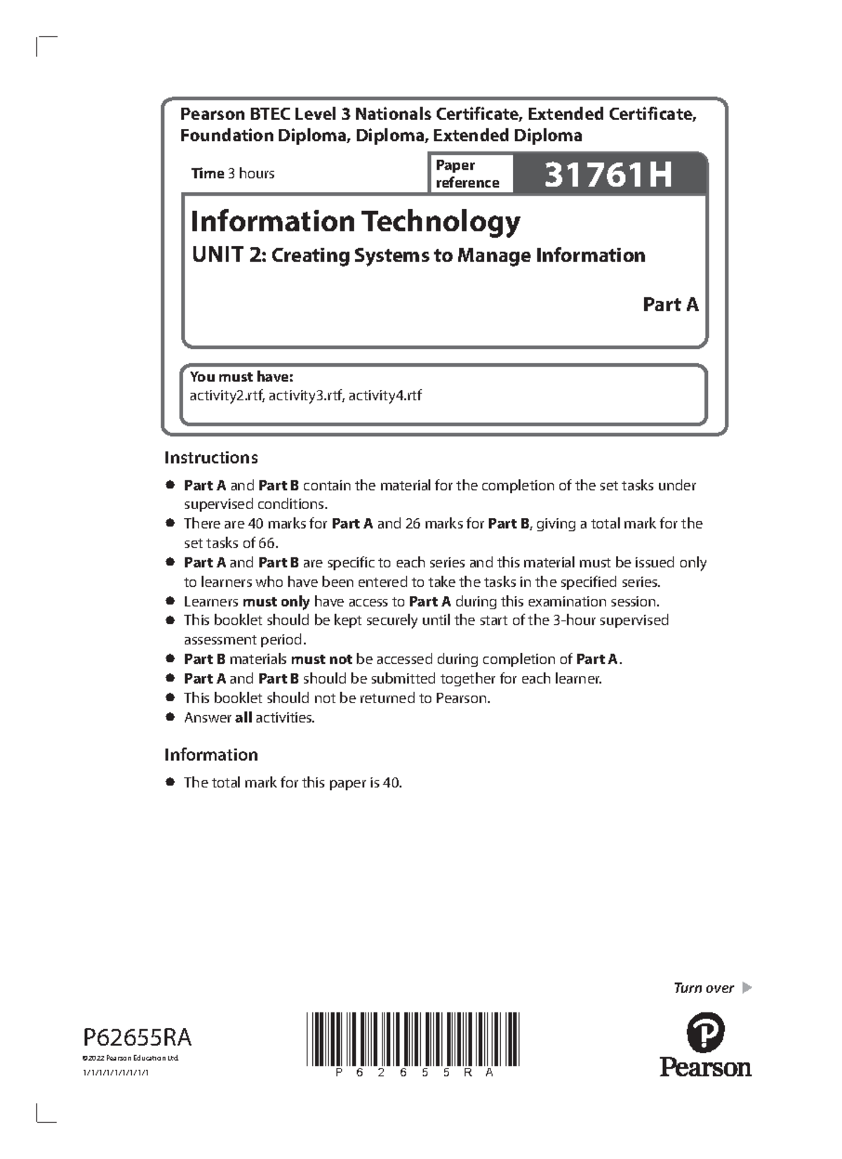 Washerpool College Part A - Turn over Paper reference P62655RA ...