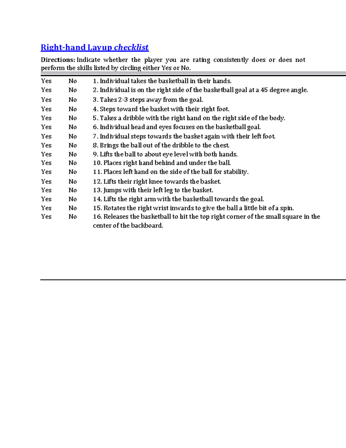 Chapter 5 Basketball Layup Checklist KINE 4350 - Right-hand Layup ...