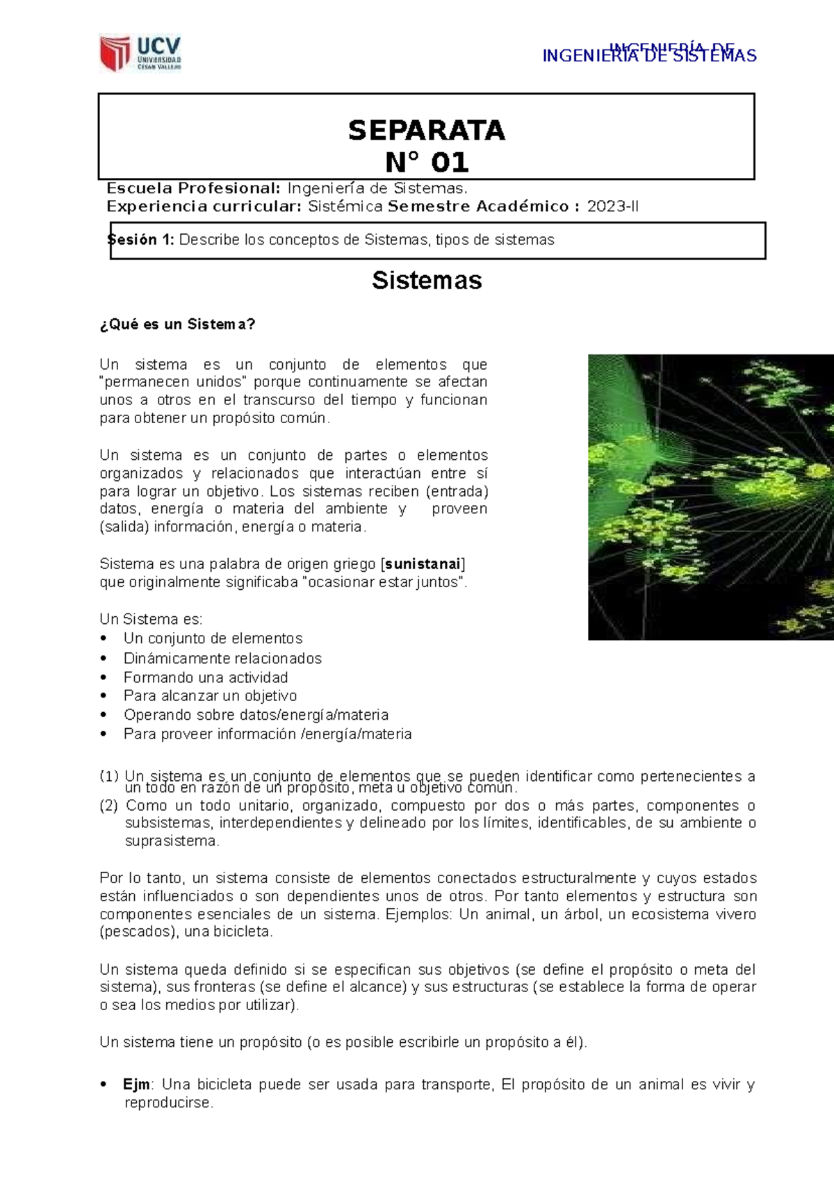 Material Separata 01 Sistemas - INGENIERÍA DE SISTEMAS SEPARATA N° 01 Escuela Profesional: - Studocu