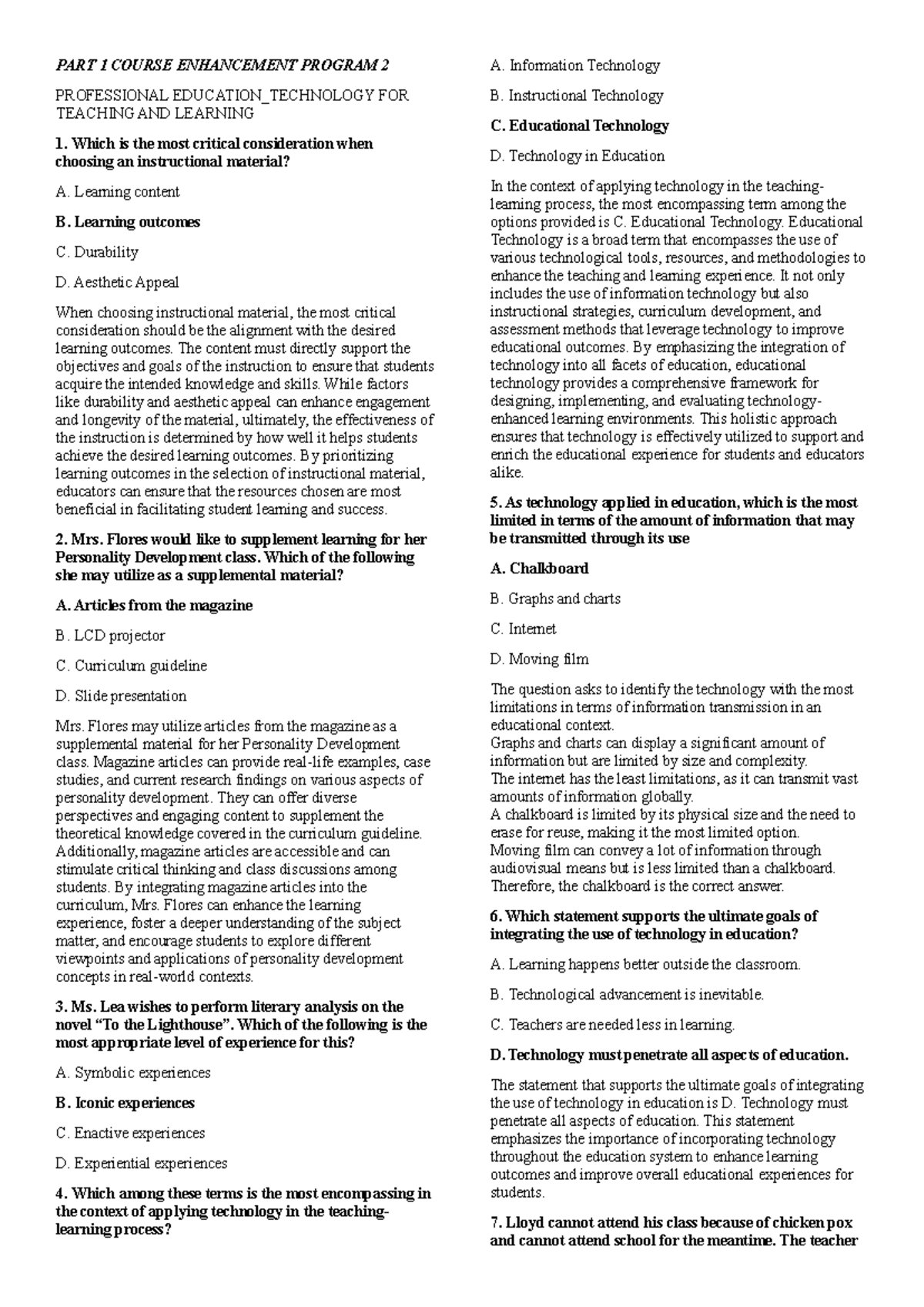 TTL Questionnaires with rationale - PART 1 COURSE ENHANCEMENT PROGRAM 2 ...
