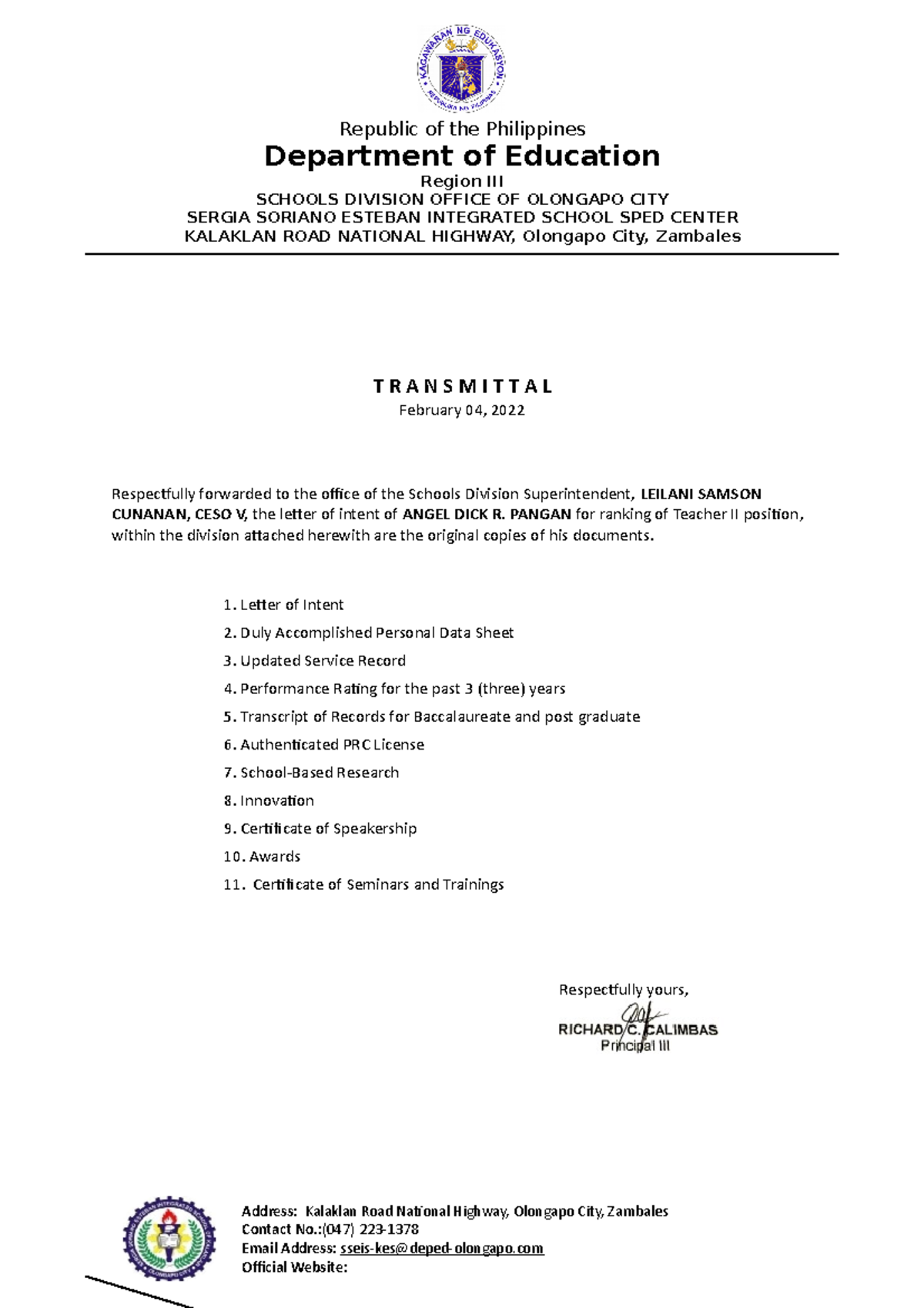 Transmittal - all - Republic of the Philippines Department of Education ...