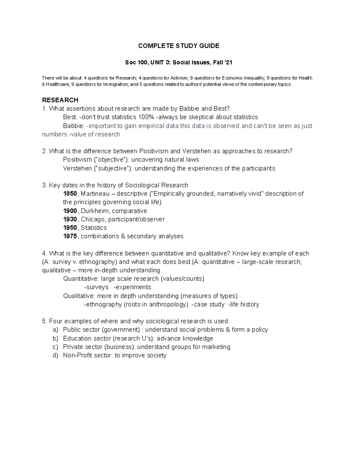 Study Guide: Soc 100 Unit 3 - Social Issues Research Activism Economic ...