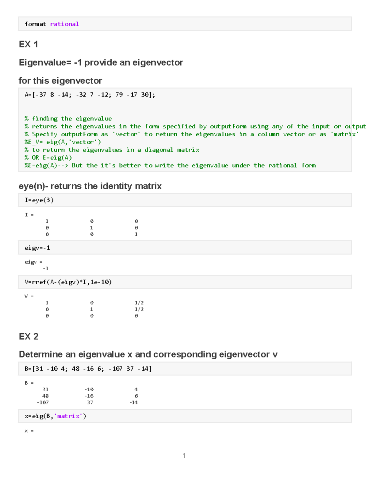 Test 4 Mathematics 1 - #MatLab - format rational EX 1 Eigenvalue= -1 ...