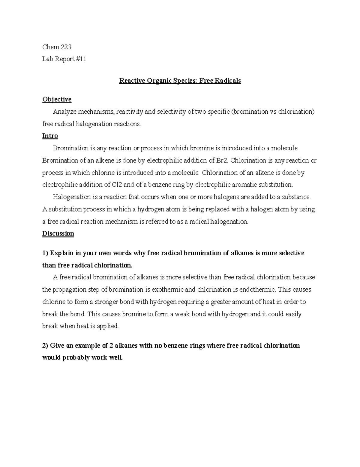 Reactive Organic Species: Free Radicals - Chem 223 Lab Report ...