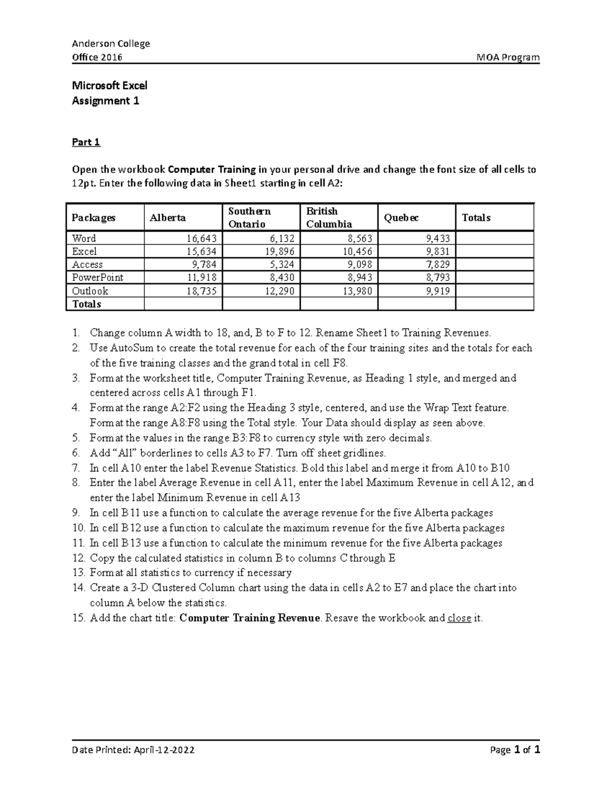 Excel Level 1 - Assignment 1 Excel Level 1 - Assignment 1 - Anderson ...