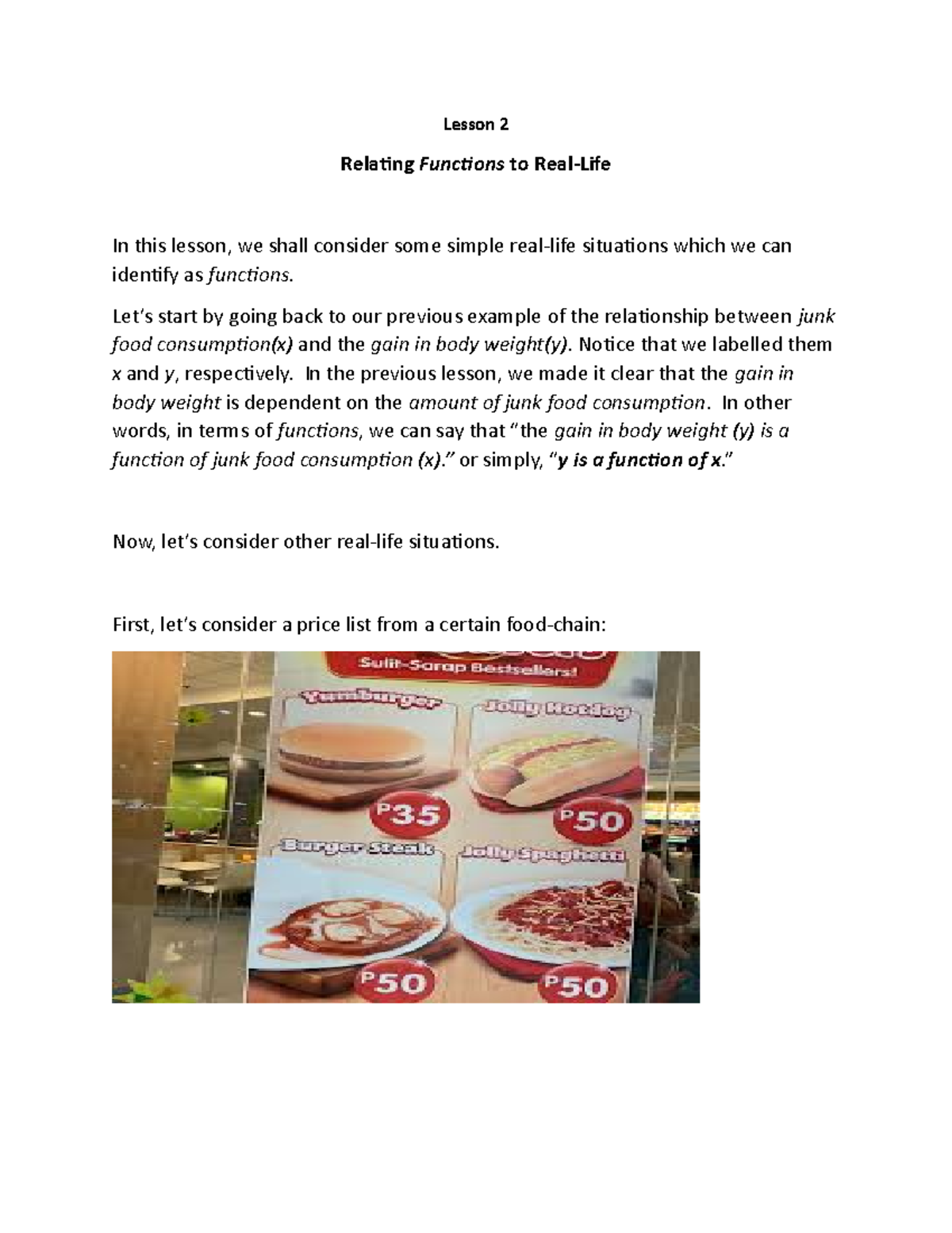 Lesson 2 Relating Functions To Real-Life - Let’s start by going back to ...