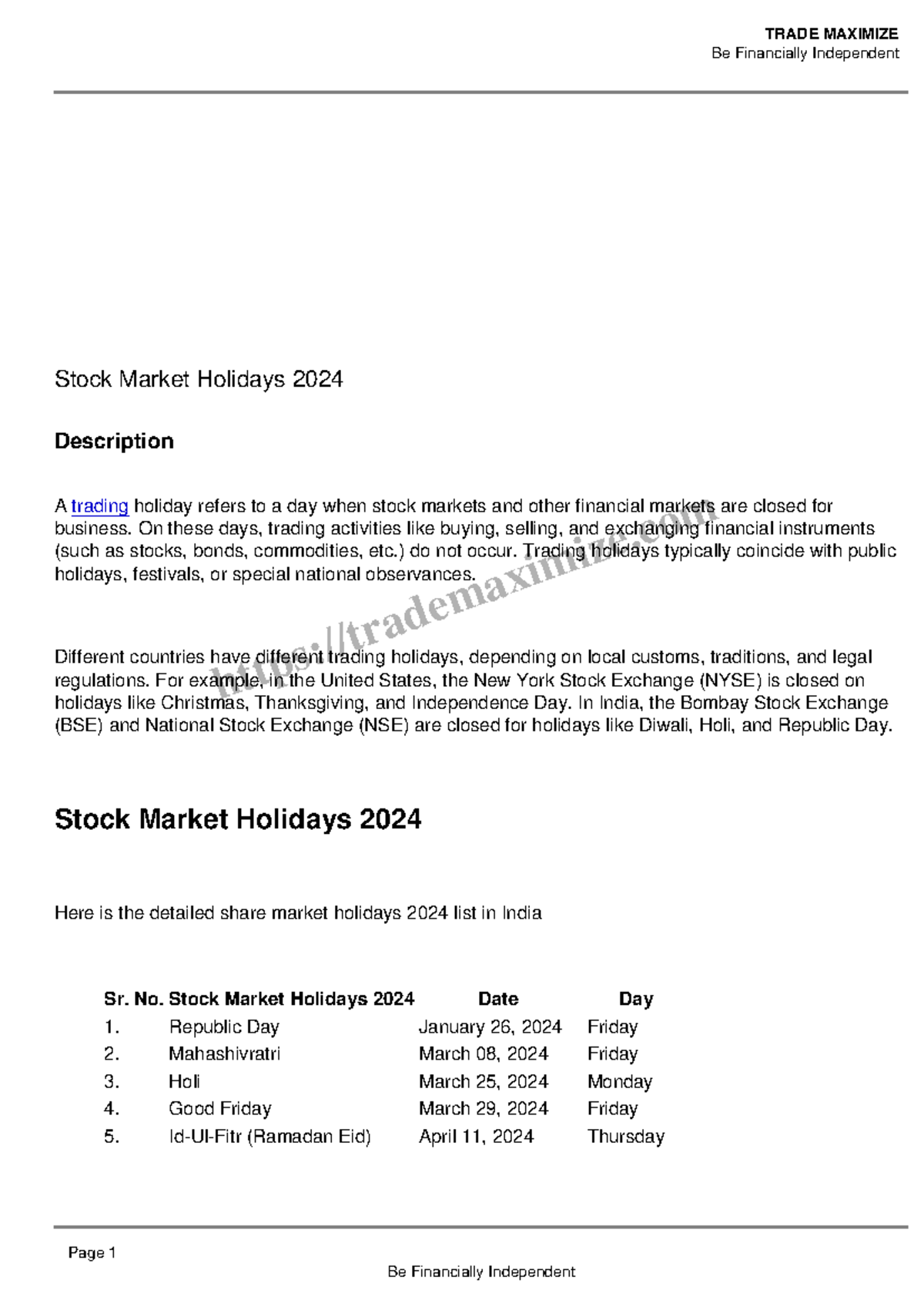 Stock Market Holidays 2024 - Stock Market Holidays 2024 Description A ...