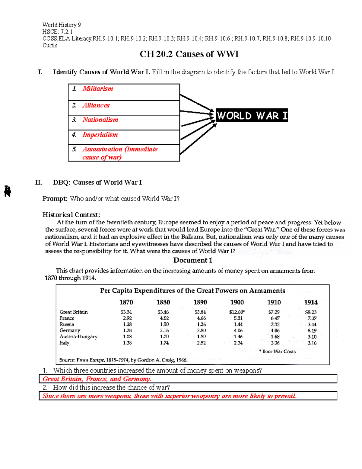 Causes of WWI - wkst - worksheet - World History 9 HSCE: 7. CCSS.ELA ...