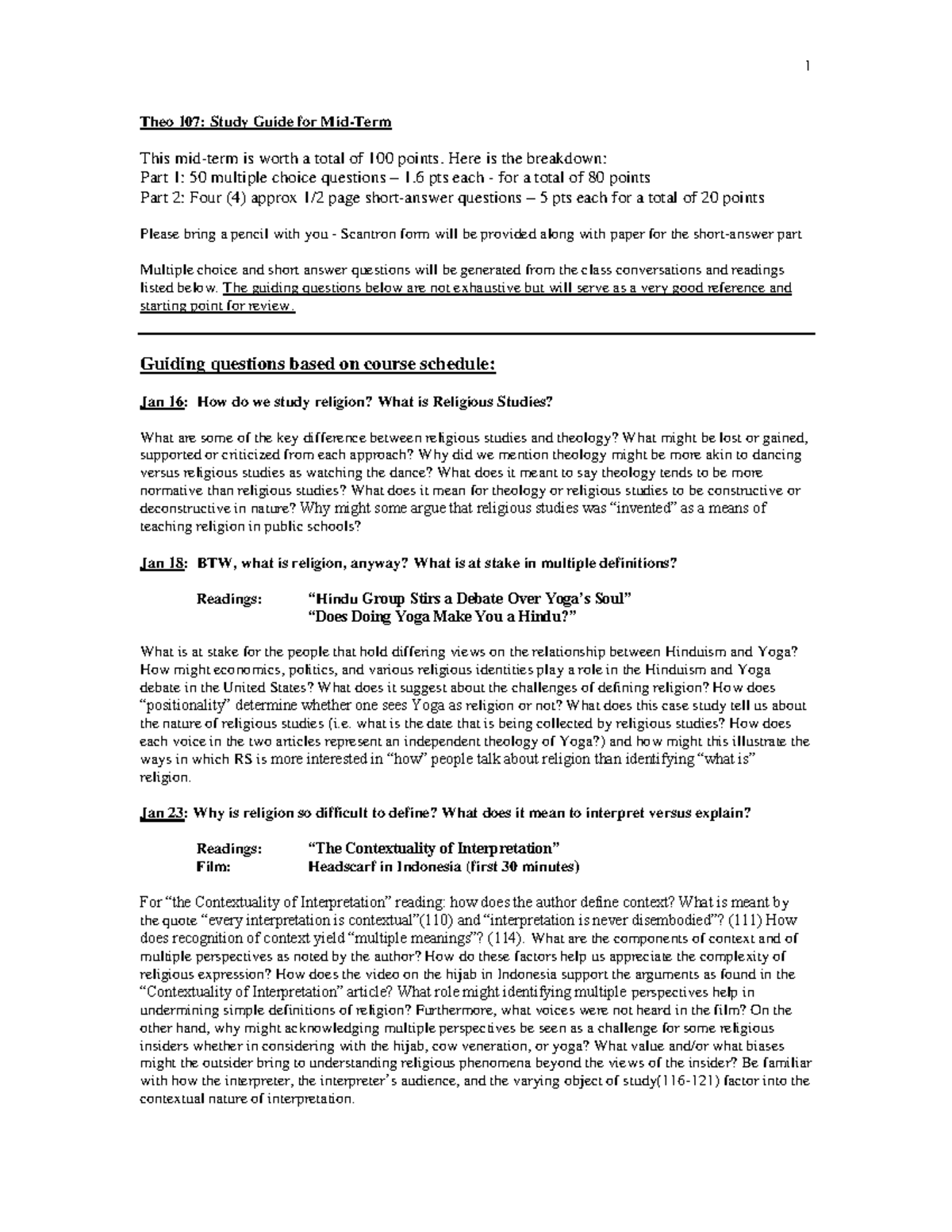 Mid Term Study Guide - 1 Theo 107: Study Guide for This is worth a ...