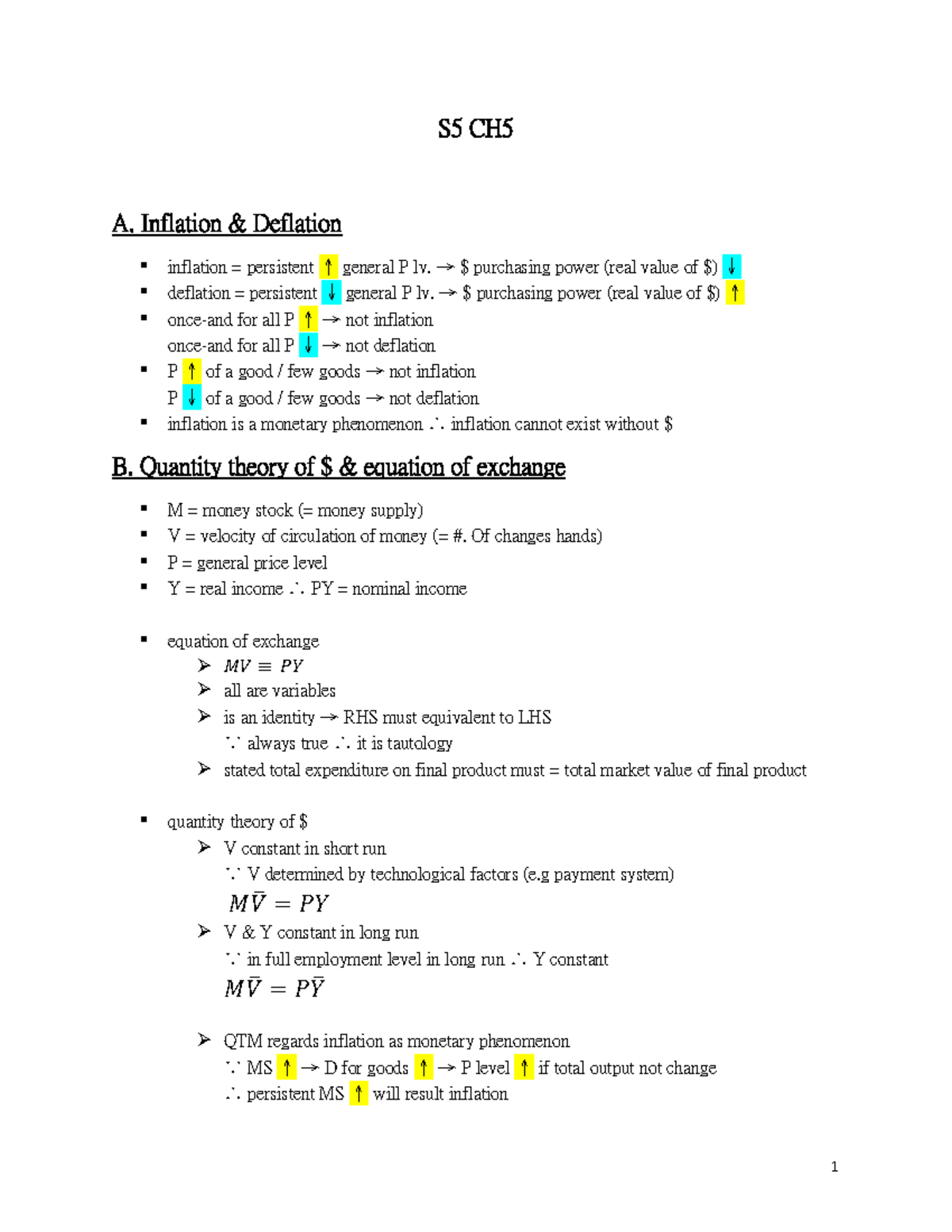 S5 CH5 - IB notes - S5 CH 5 A. Inflation & Deflation inflation ...