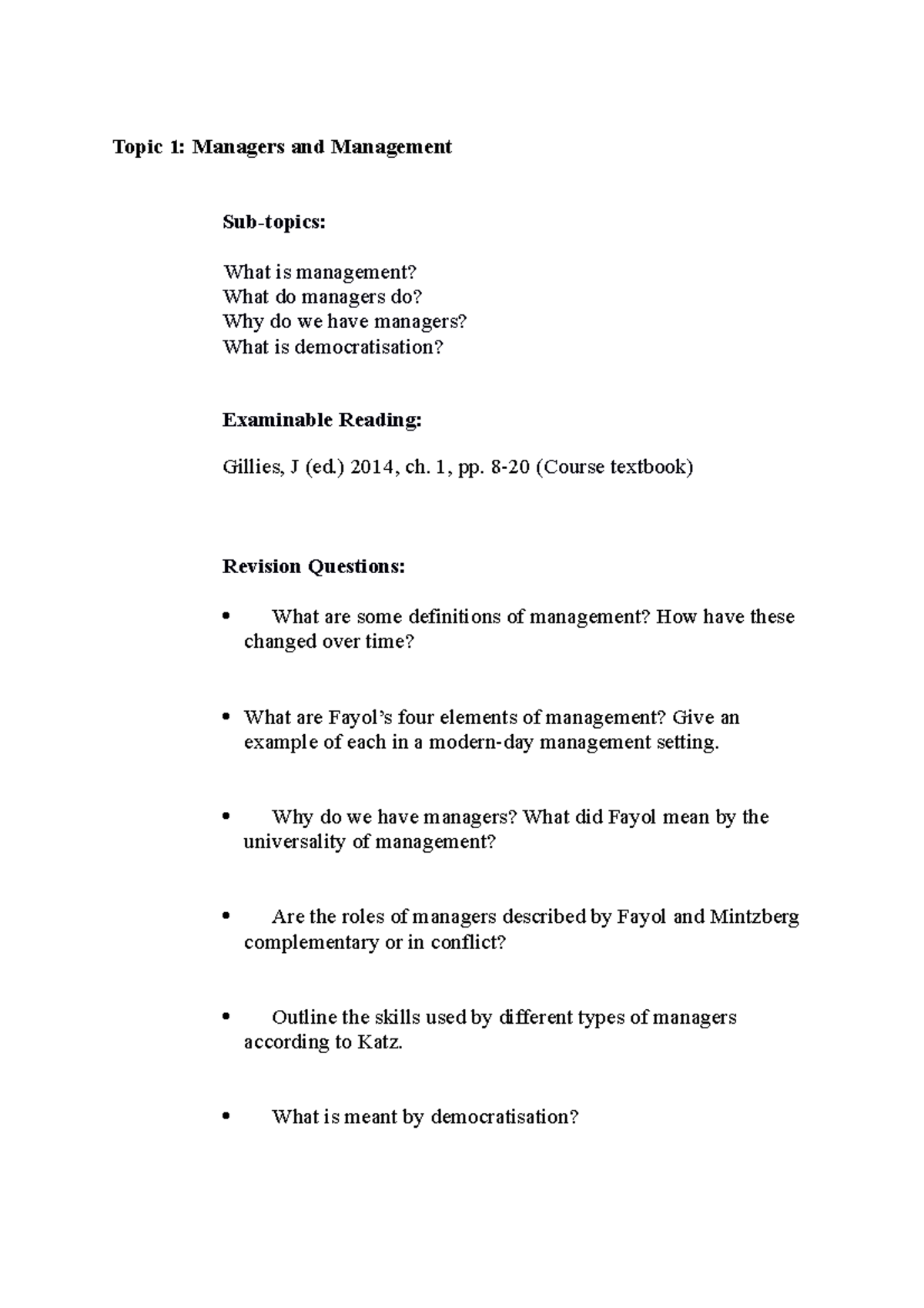 Lecture notes, Topic 1: Managers and Management - revision questions ...