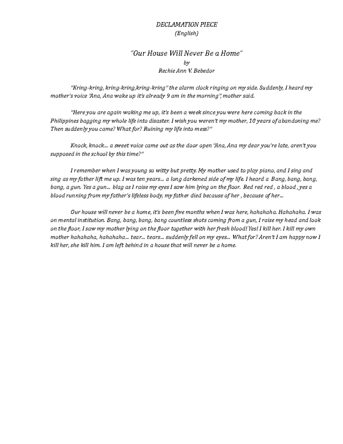 Declamation Pieces - it is a work mind - DECLAMATION PIECE (English ...