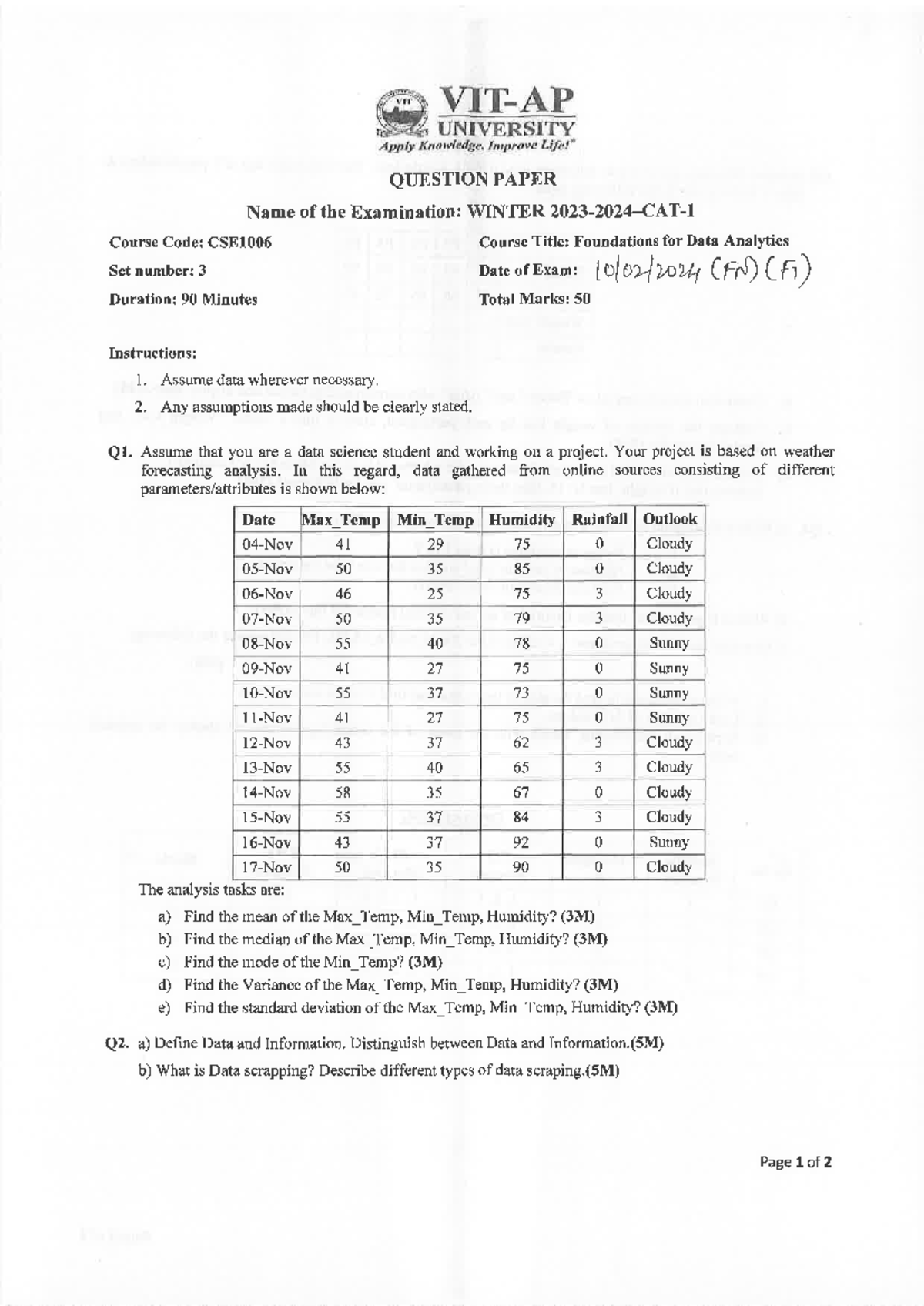 CAT-1 PYQS - These are the previous year question papers for the course ...