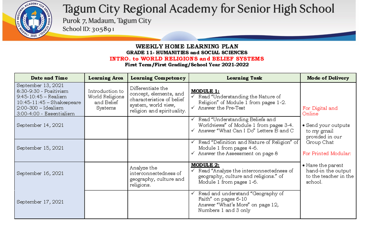 WHLP WRBS First Term at the Academy - WEEKLY HOME LEARNING PLAN GRADE ...