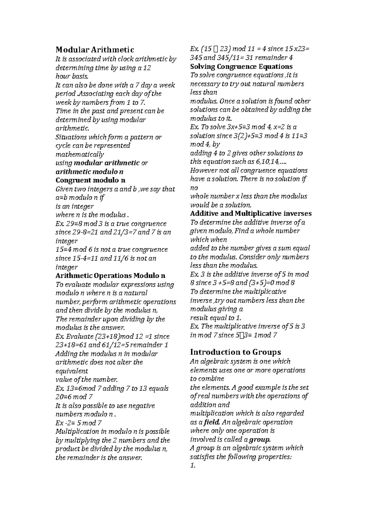 Math (f2) - SFDSGDA - Modular Arithmetic It is associated with clock ...