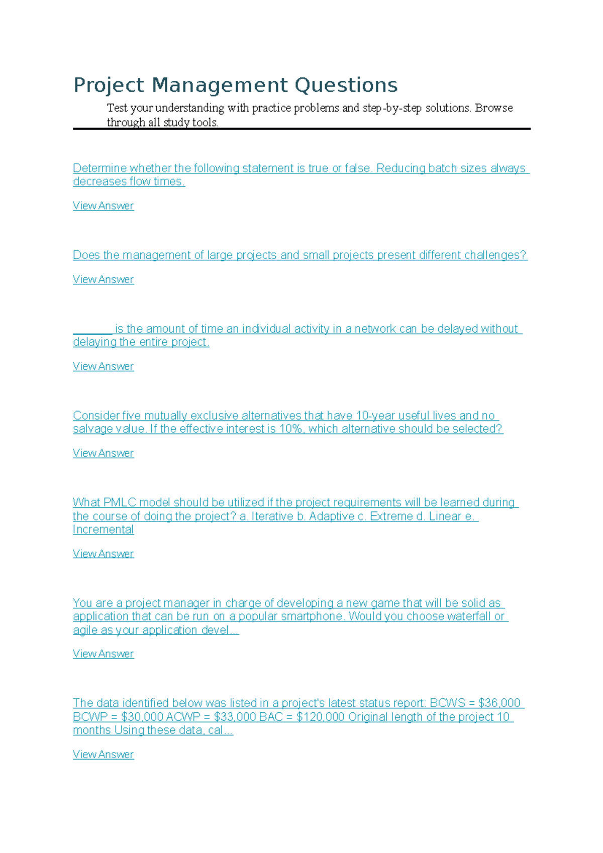 PM Questions - BSA Notes - Project Management Questions Test your ...